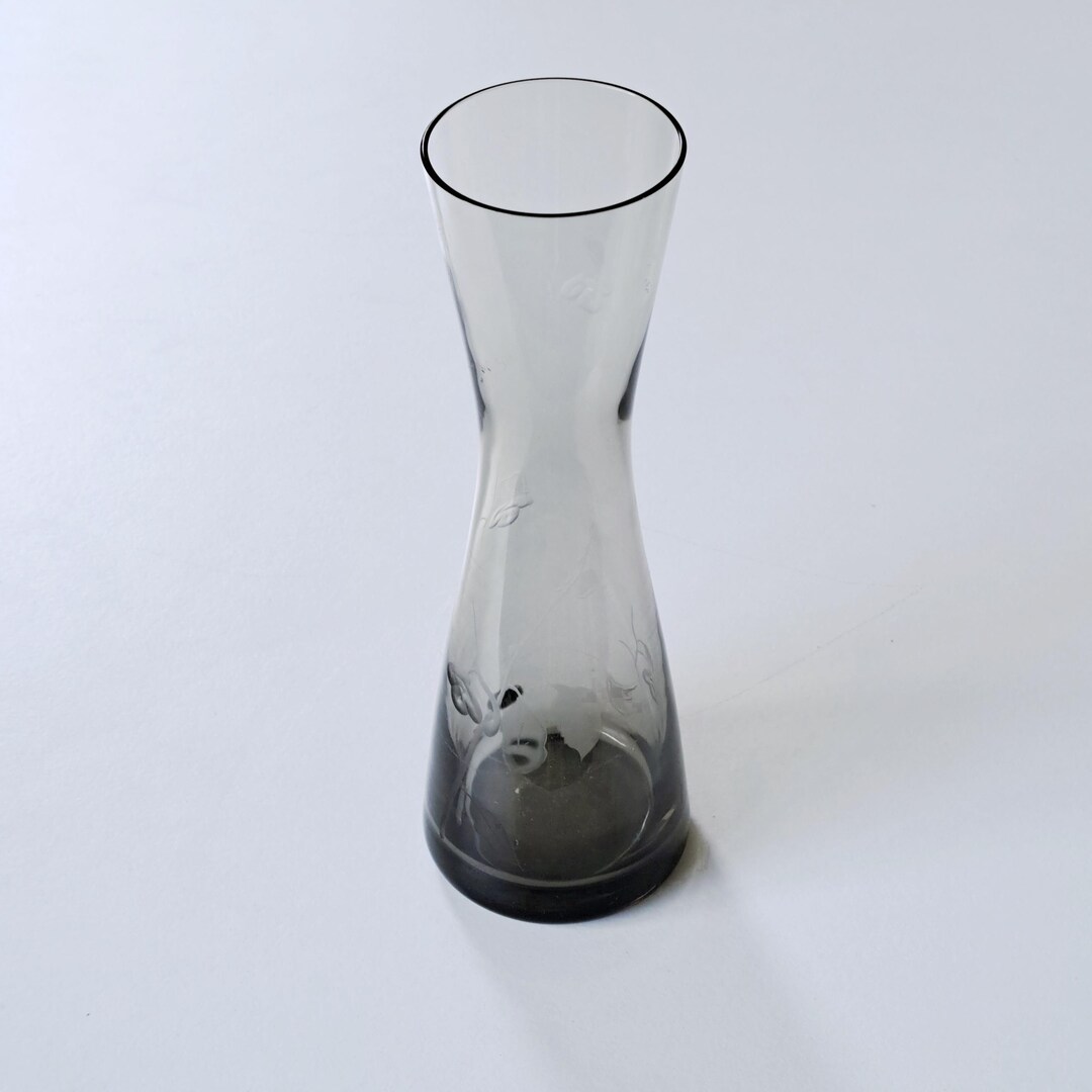 Vintage Slender Smoke Color Glass Vase. Etched Fine Small Roses ...