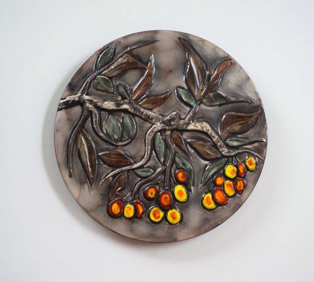1970s Cherry Tree Branch, Natural Colors and Yellow / Orange Ceramic ...