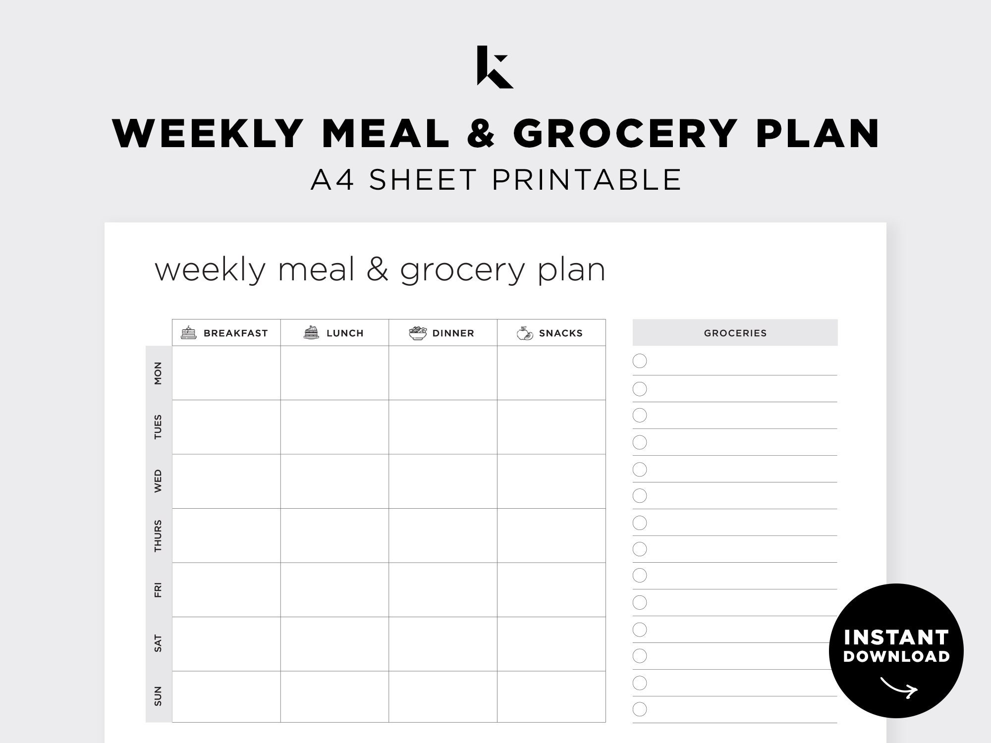 Weekly MEAL & GROCERY PLANNER Printable Downloadable Minimalist Weekly ...