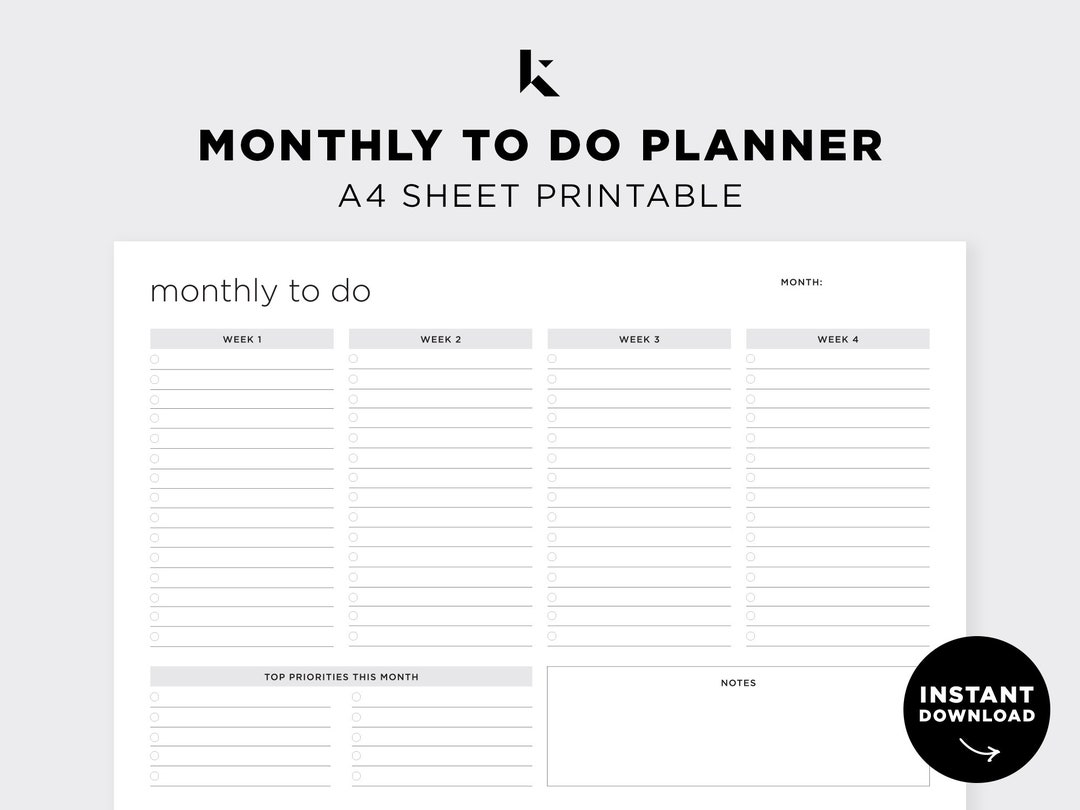 Monthly PLANNER Printable / Downloadable Minimalist Minimal Black ...