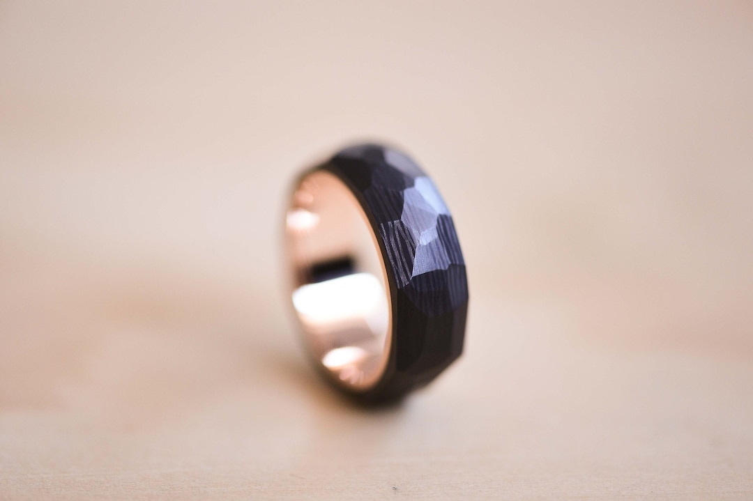 Faceted Carbon Fiber Ring With a Rose Gold Liner, Black Carbon Fibre ...