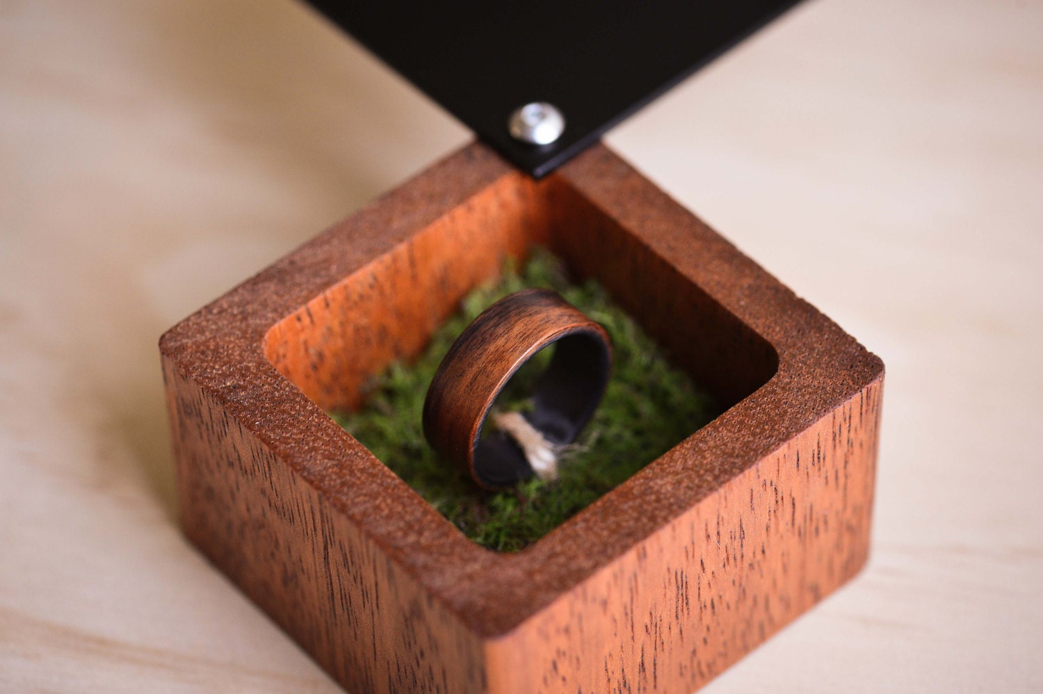Merbau Wooden Ring Box Black Stainless Steel Lid With Moss | Etsy