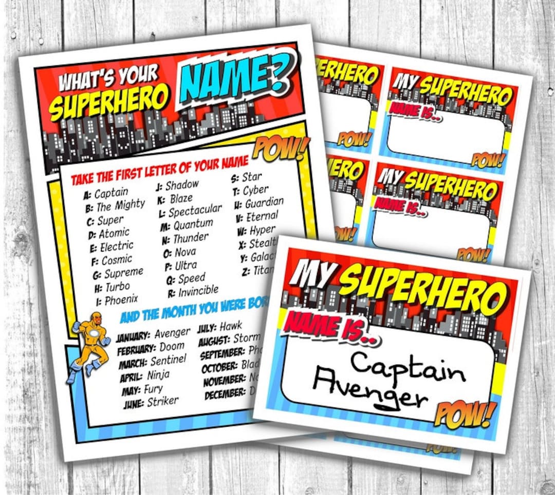 Superhero Party Sign, What's Your Superhero Name Sign and Name Tags ...