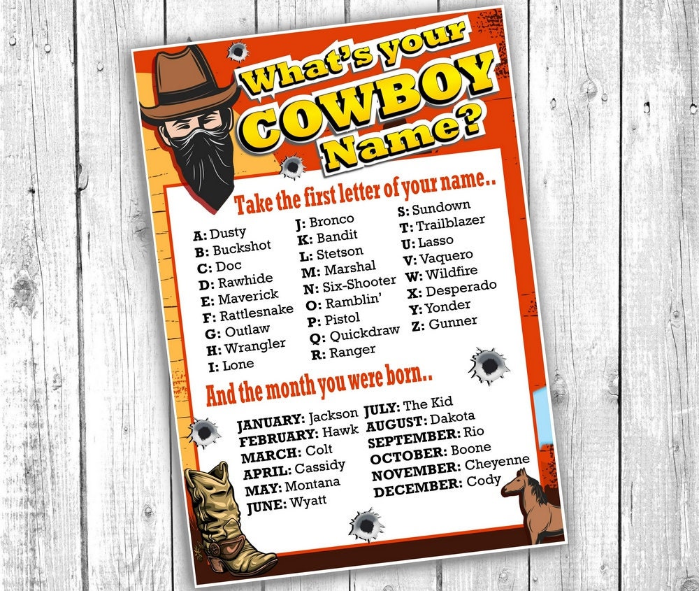 Western Cowboy Names, What's Your Cowboy Name Sign, Cowboy Birthday ...