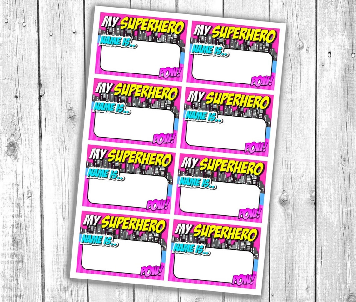 Pink Superhero Party Name Cards My Superhero Name Is' for Birthday ...