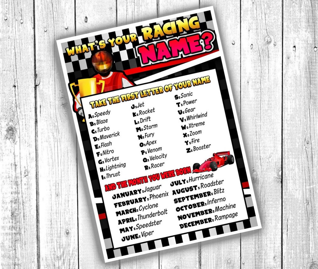 What's Your Racing Name Sign | Go-kart Birthday Party Game | Racing ...