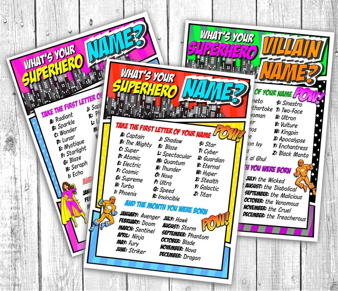3 X Superhero Party Sign, What's Your Superhero Name Sign, Birthday ...
