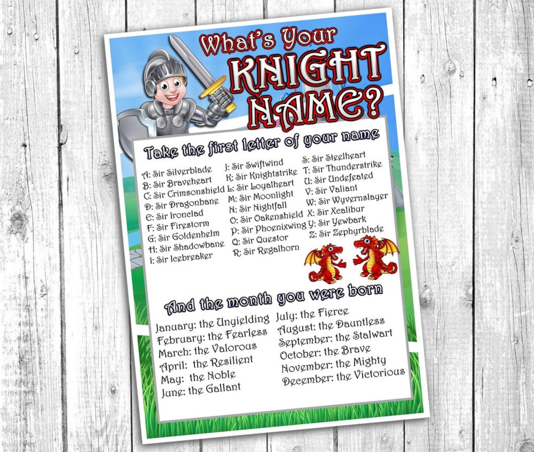 Knight Names, What's Your Knight Name Sign, Knight Birthday Party ...