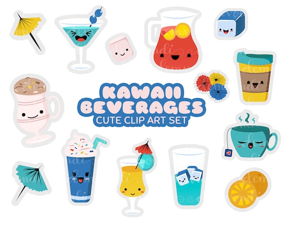 Kawaii Beverages Cute Clip Art Set Digital Stickers PNG - Etsy