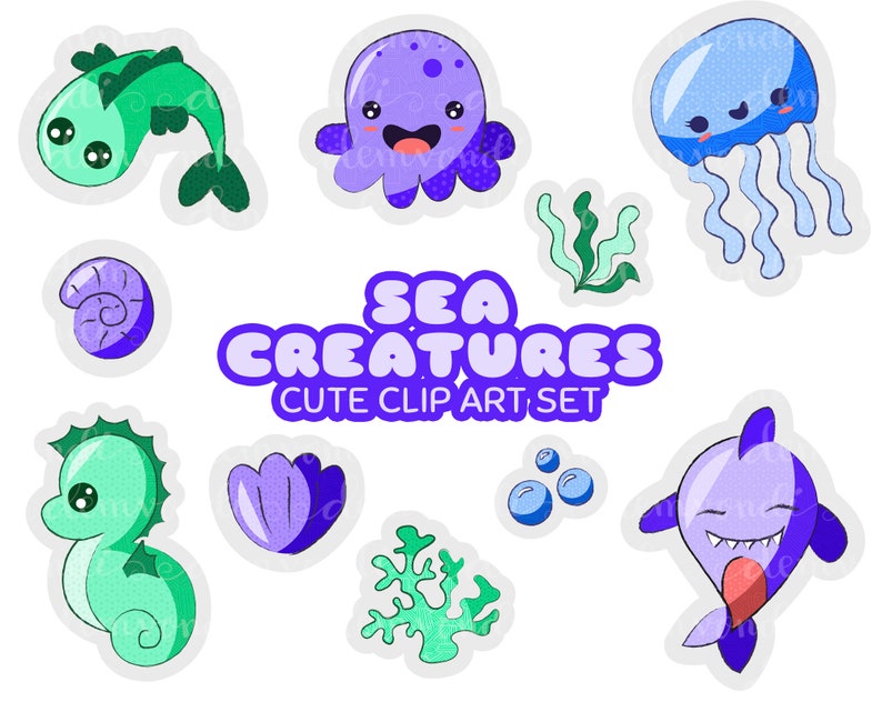 Sea Creatures - Cute Clip Art Set | Digital Stickers | PNG and JPG ...