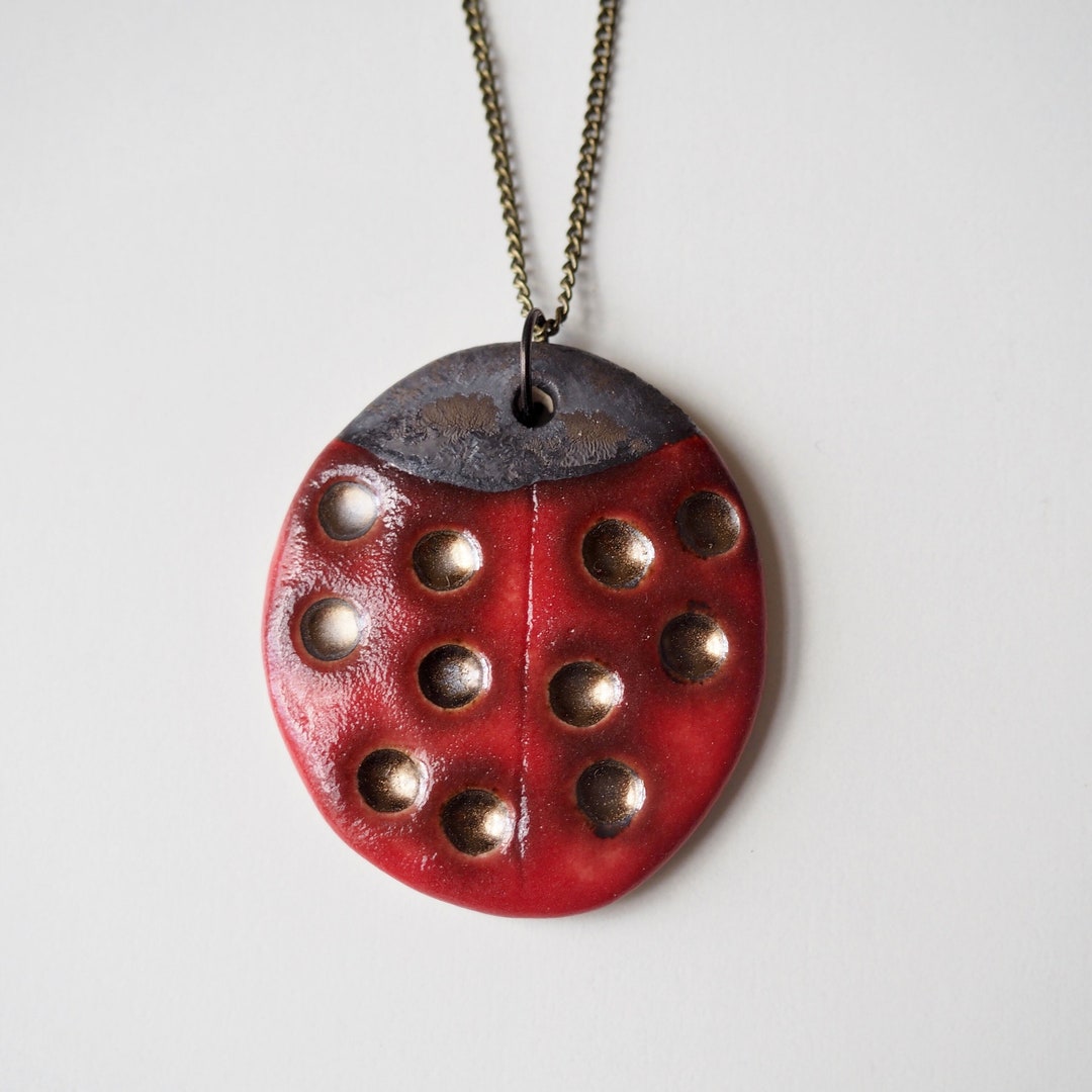 Handmade Ceramic Ladybird Pendant Necklace in Red Gold and Black ...