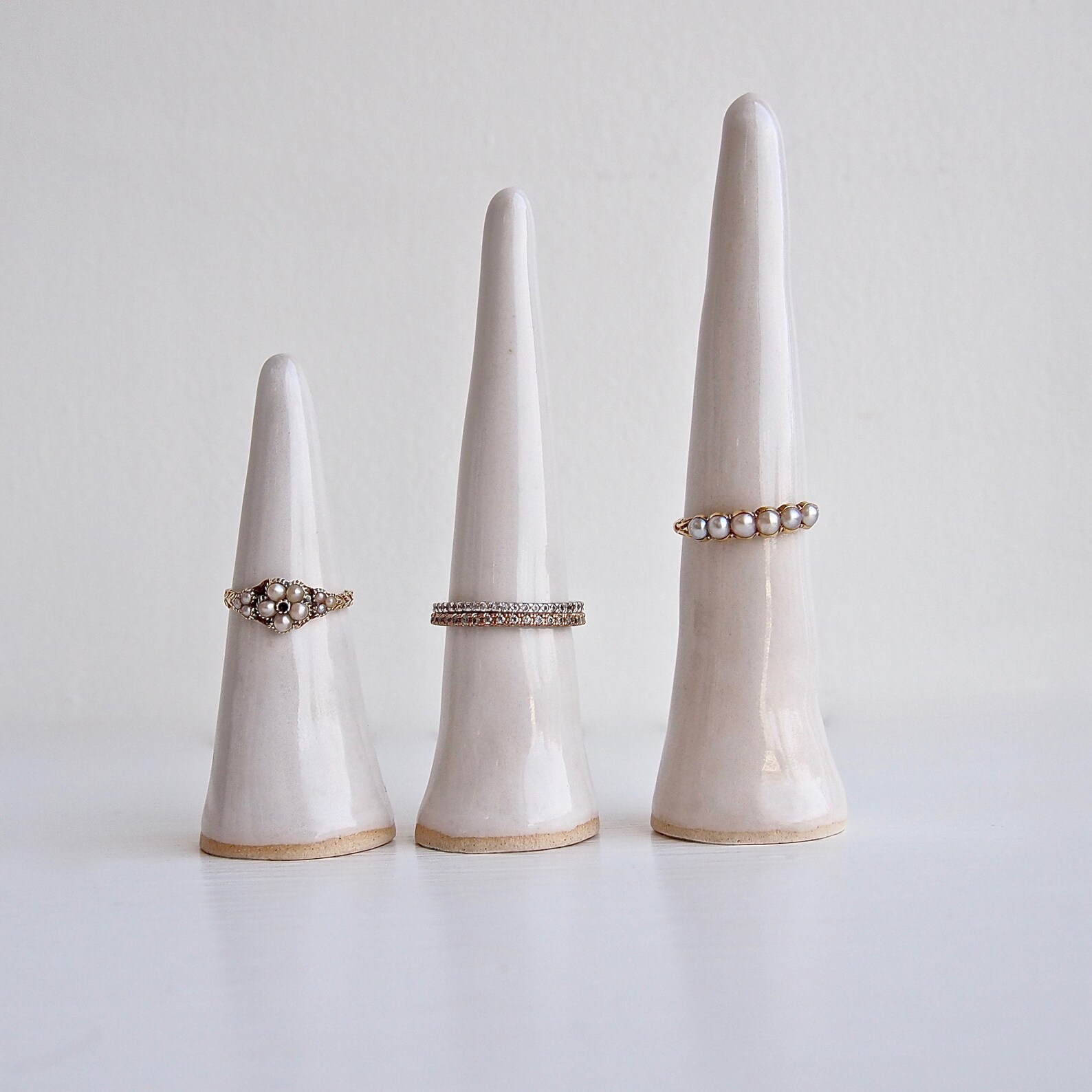 White Glossy Handmade Ceramic Ring Cones, Jewellery Storage, Ring ...