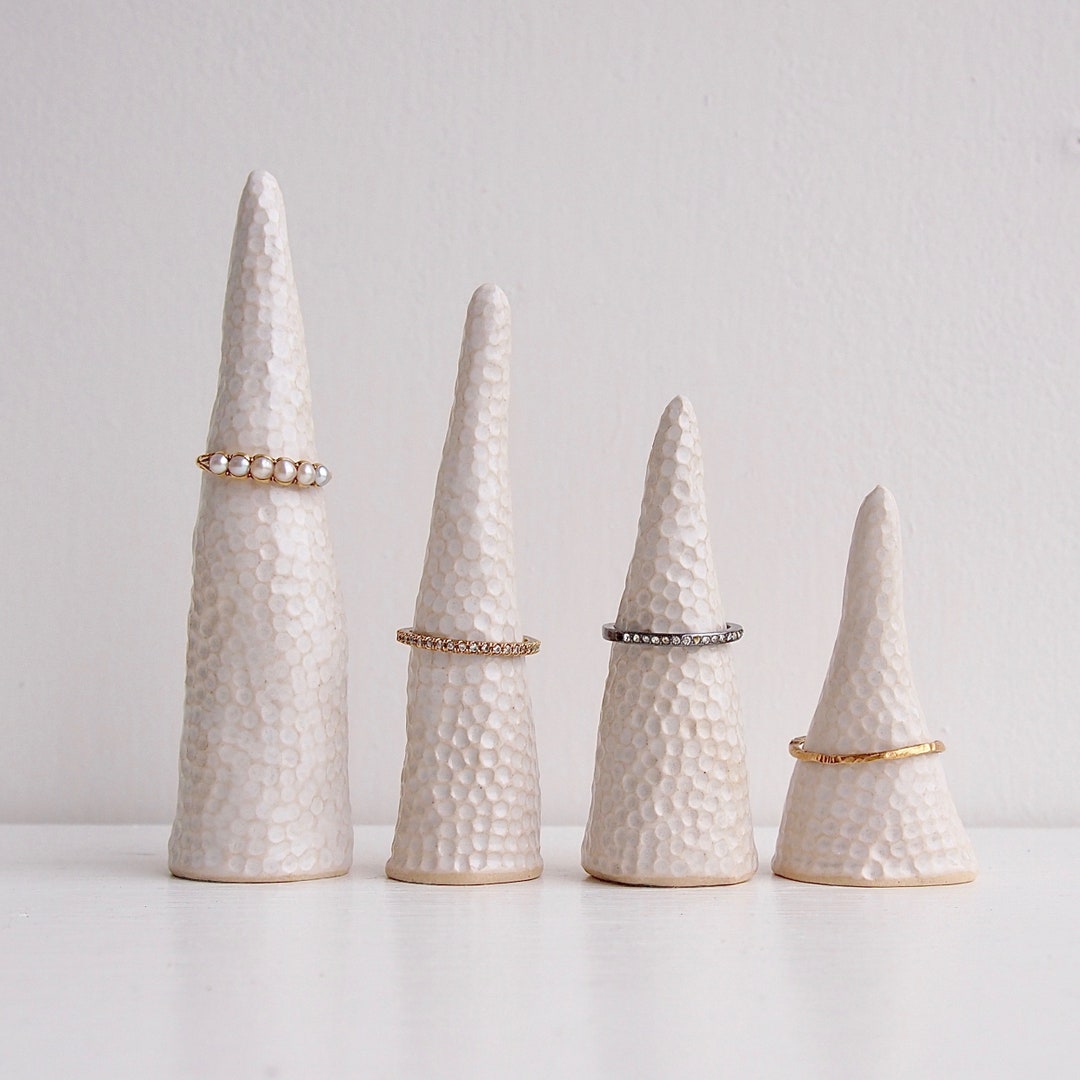 White Handmade Ceramic Ring Cones, Jewellery Storage, Ring Holder ...