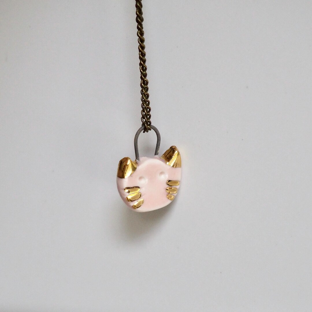 Cat Face Ceramic Charm Porcelain Necklace With 24k Gold Lustre , Cute ...