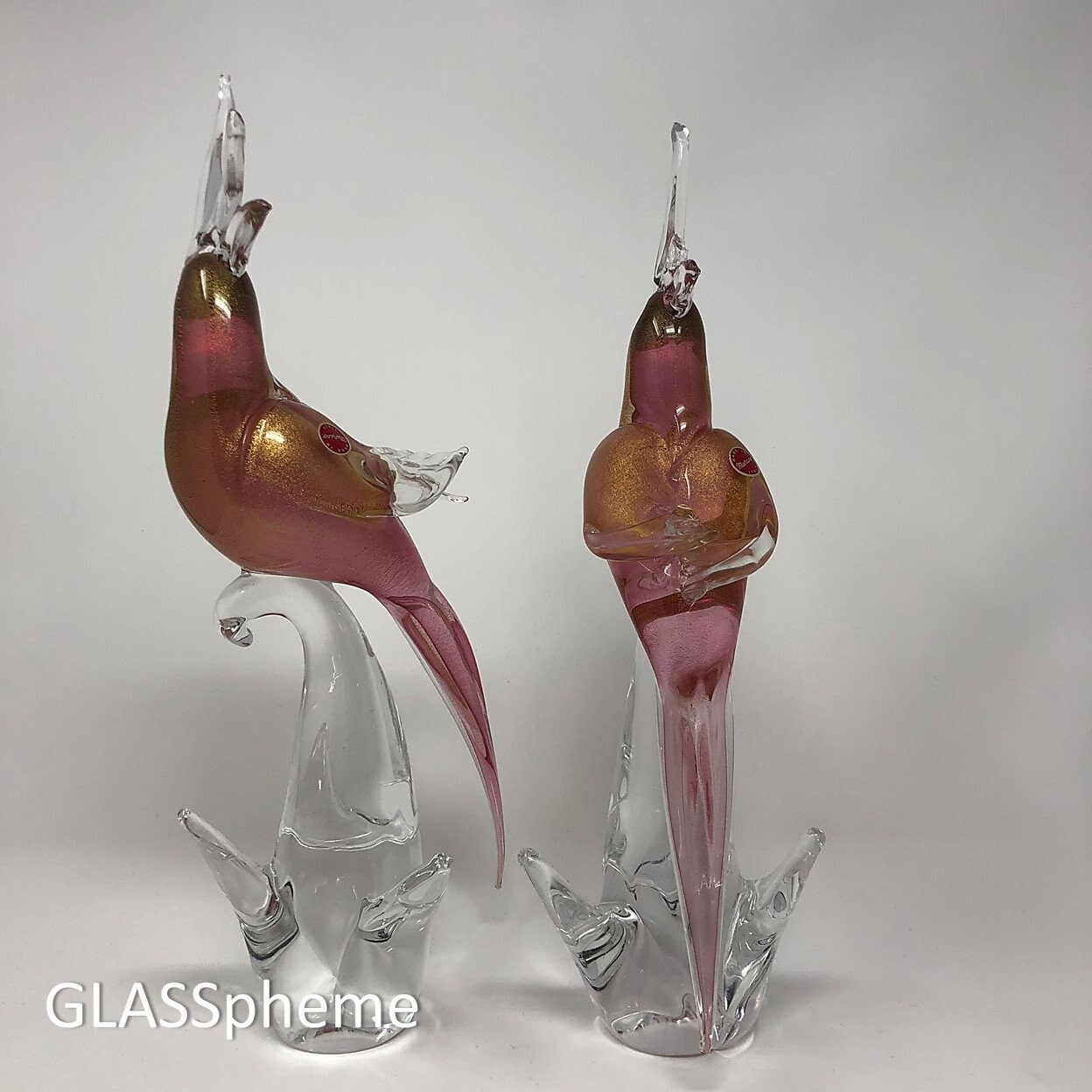 Large 15 Pair FORMIA MURANO Gold-Strewn CRANBERRY Glass Birds of Paradise