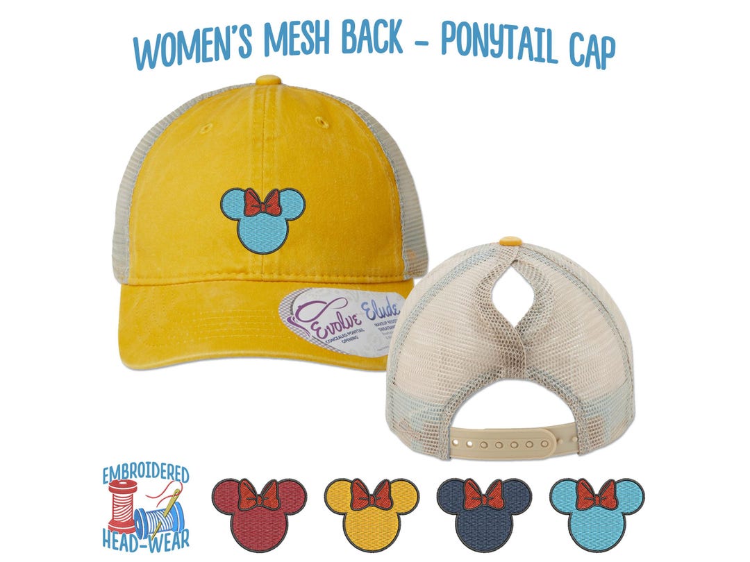 Minnie Mouse Embroidered Ponytail Cap | Women's Adjustable Washed Mesh ...