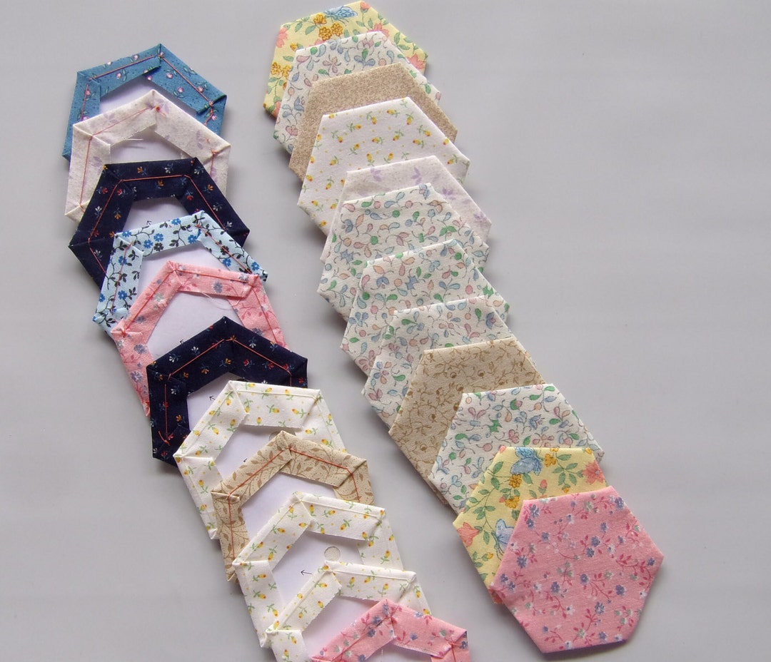 1" English Paper Piecing Hexagon , Finished Set, Flower Print Basted ...