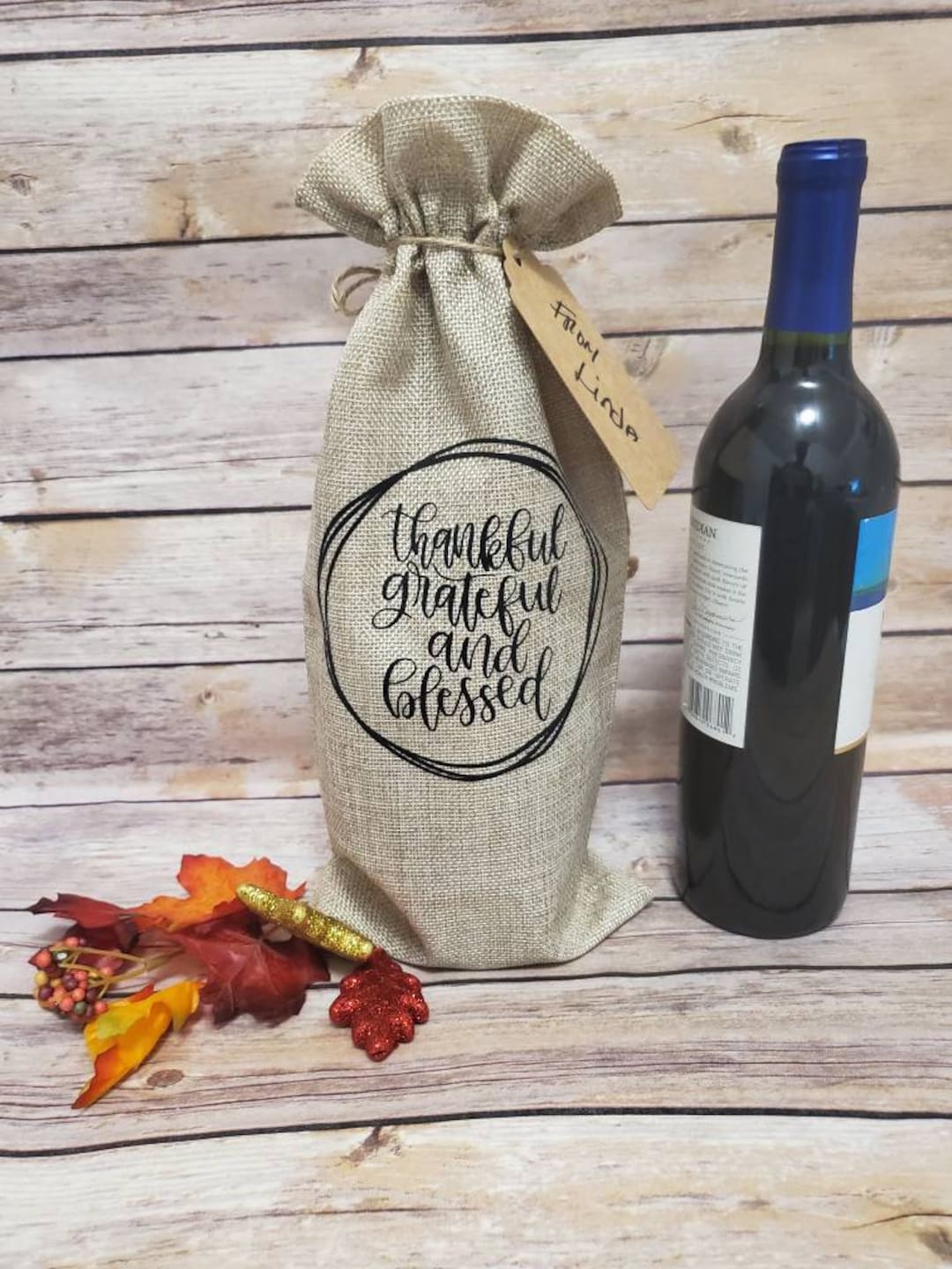 Thanksgiving Wine Bag, Thankful Grateful Blessed Jute Bottle Holder - Etsy