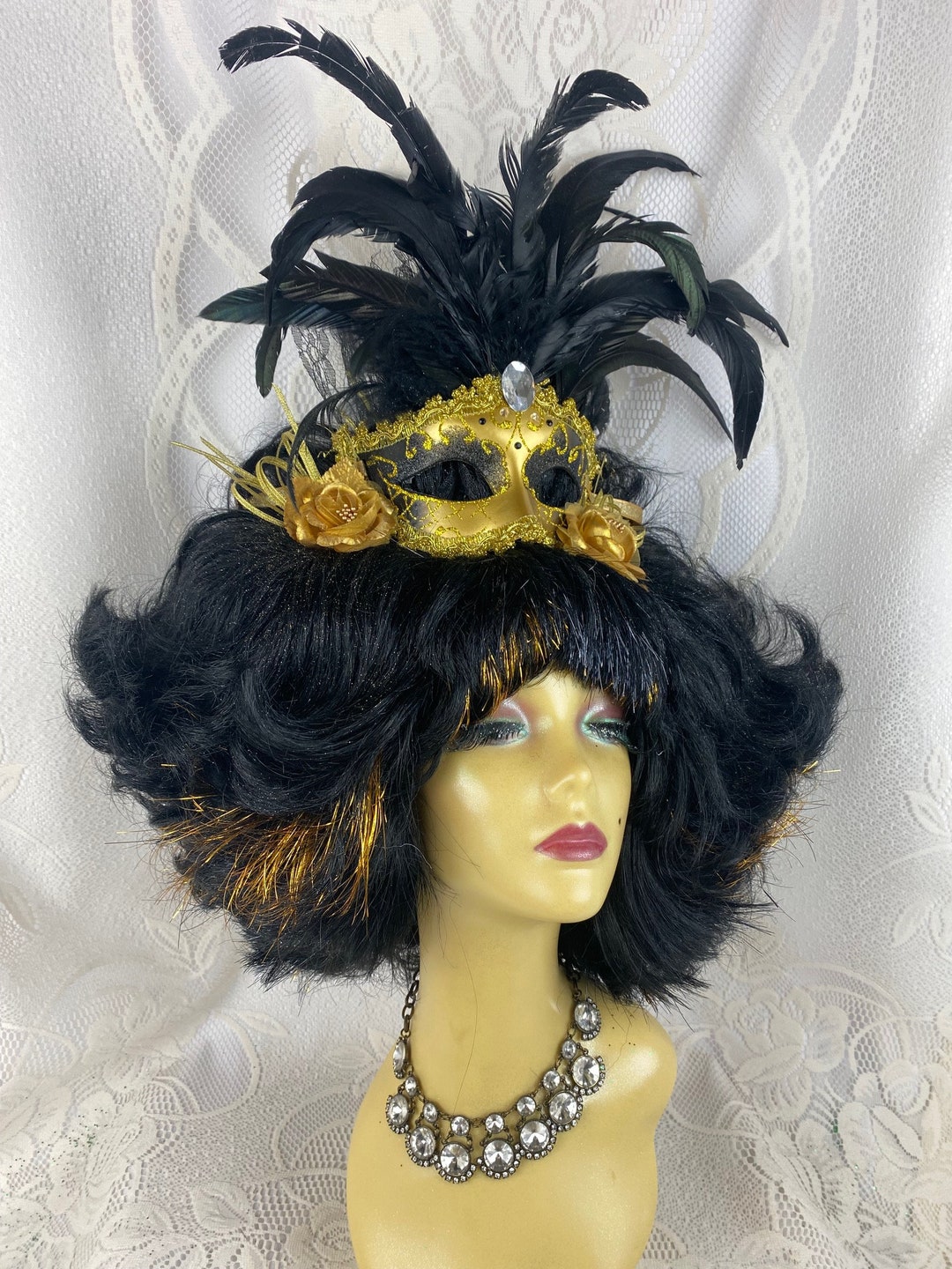 Short Black Mardi Gras Carnival Costume Fun Masquerade Wig With Gold ...
