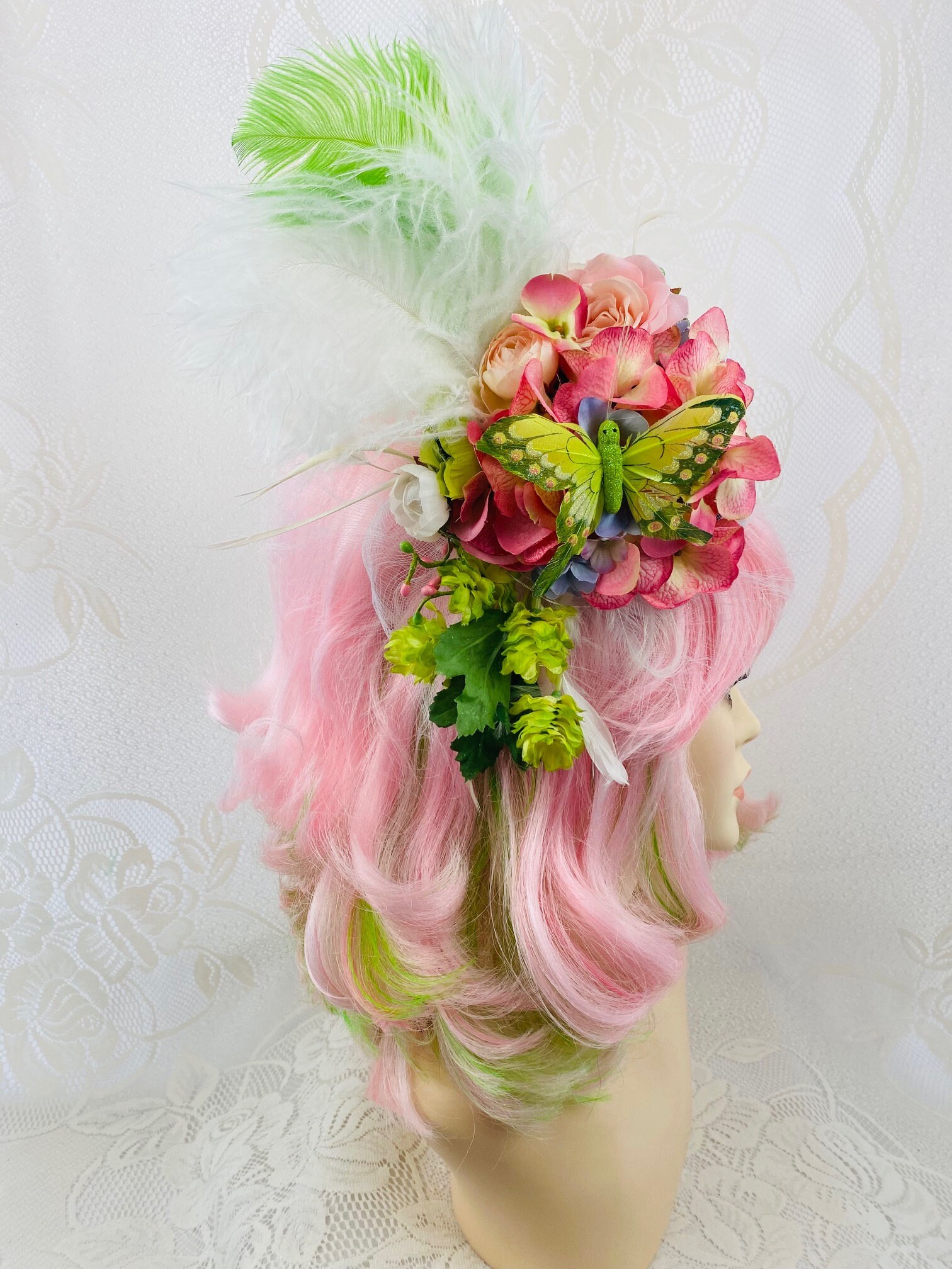 Pink and Green Show Fun Wig With Lighted, Bright Flower Fascinator ...