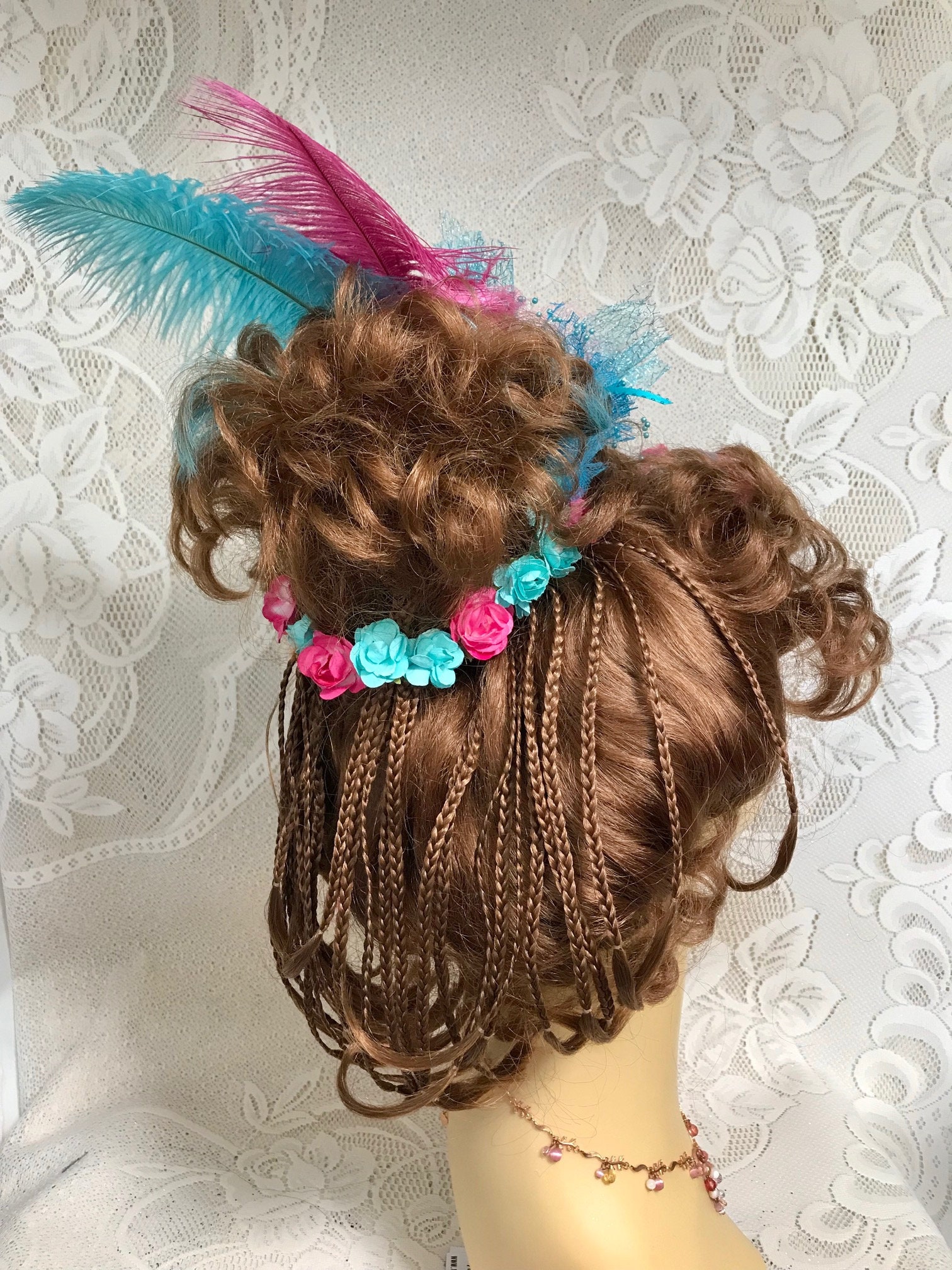 Vintage Brown Updo Wig: Teal Lace, Pink Flowers, Ostrich Feathers - Etsy