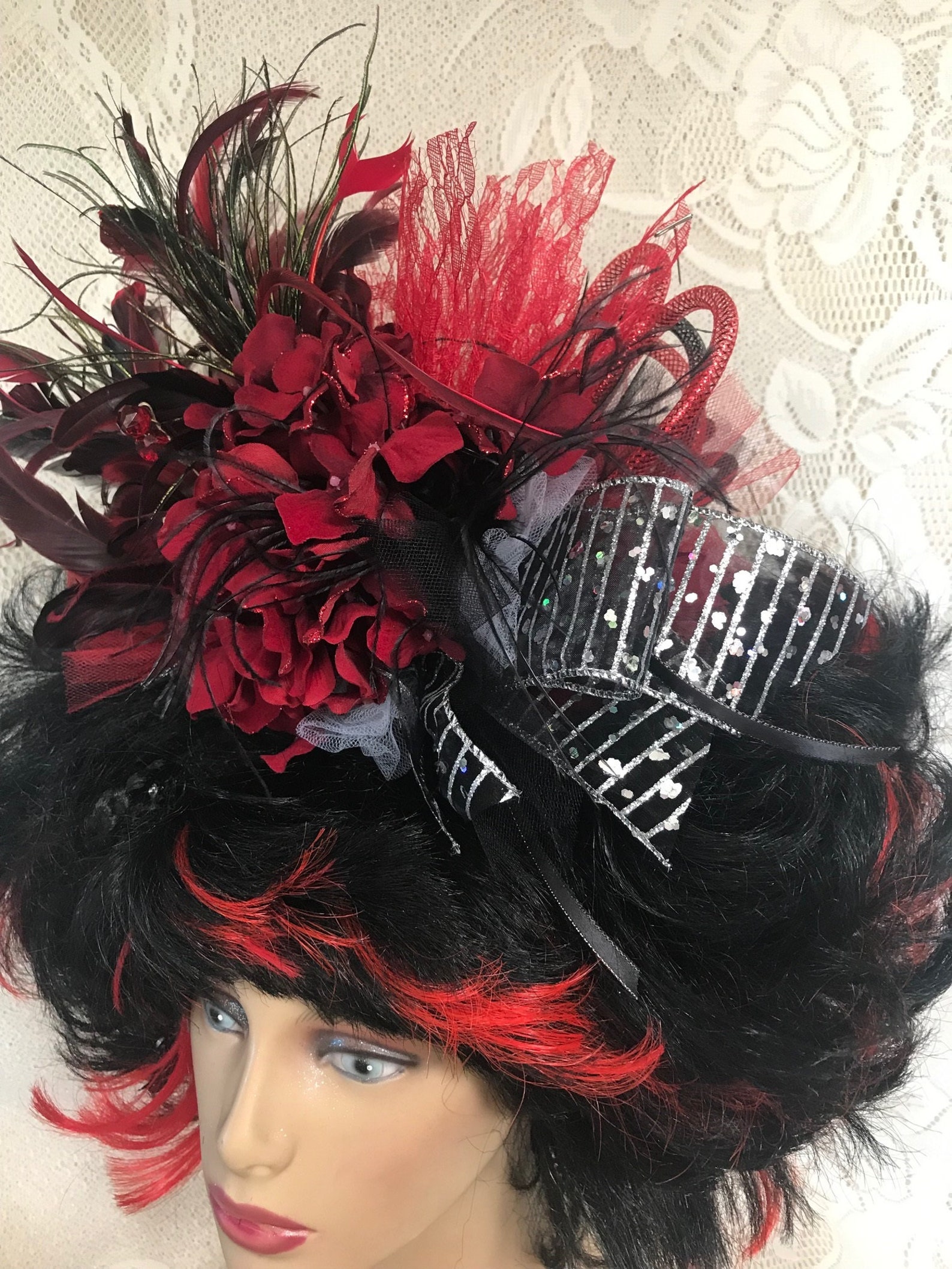 Short Black and Red Lighted Saloon Girl Wig With Flower and - Etsy