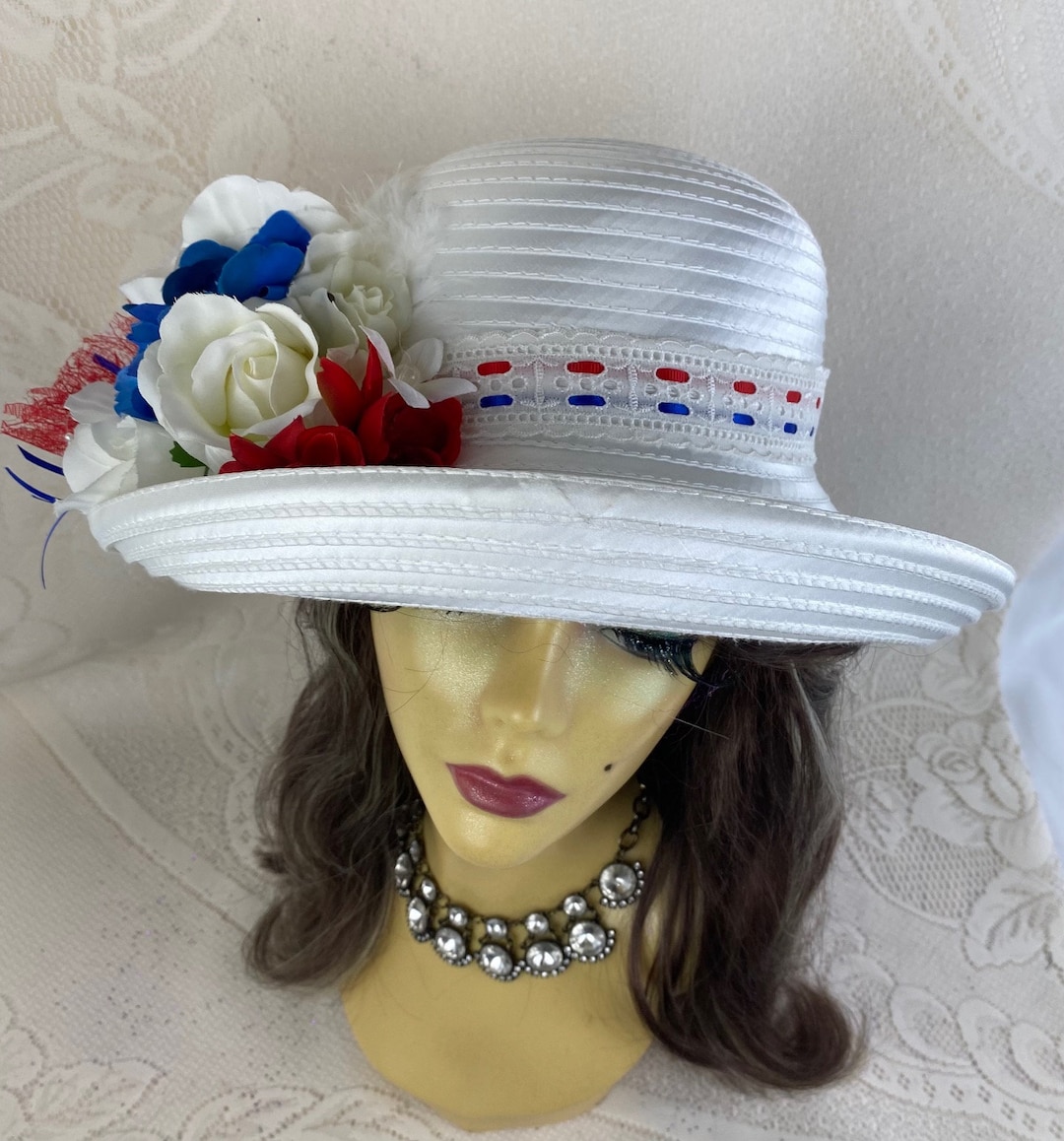 Patriotic White Derby Hat: Red, White, and Blue Floral Trim - Etsy