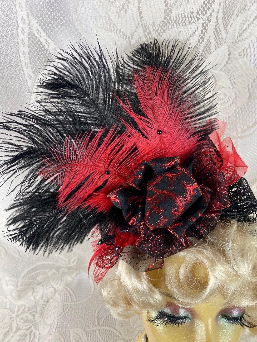 Black and Red Showgirl Headband Fascinator With Ostrich Feathers - Etsy