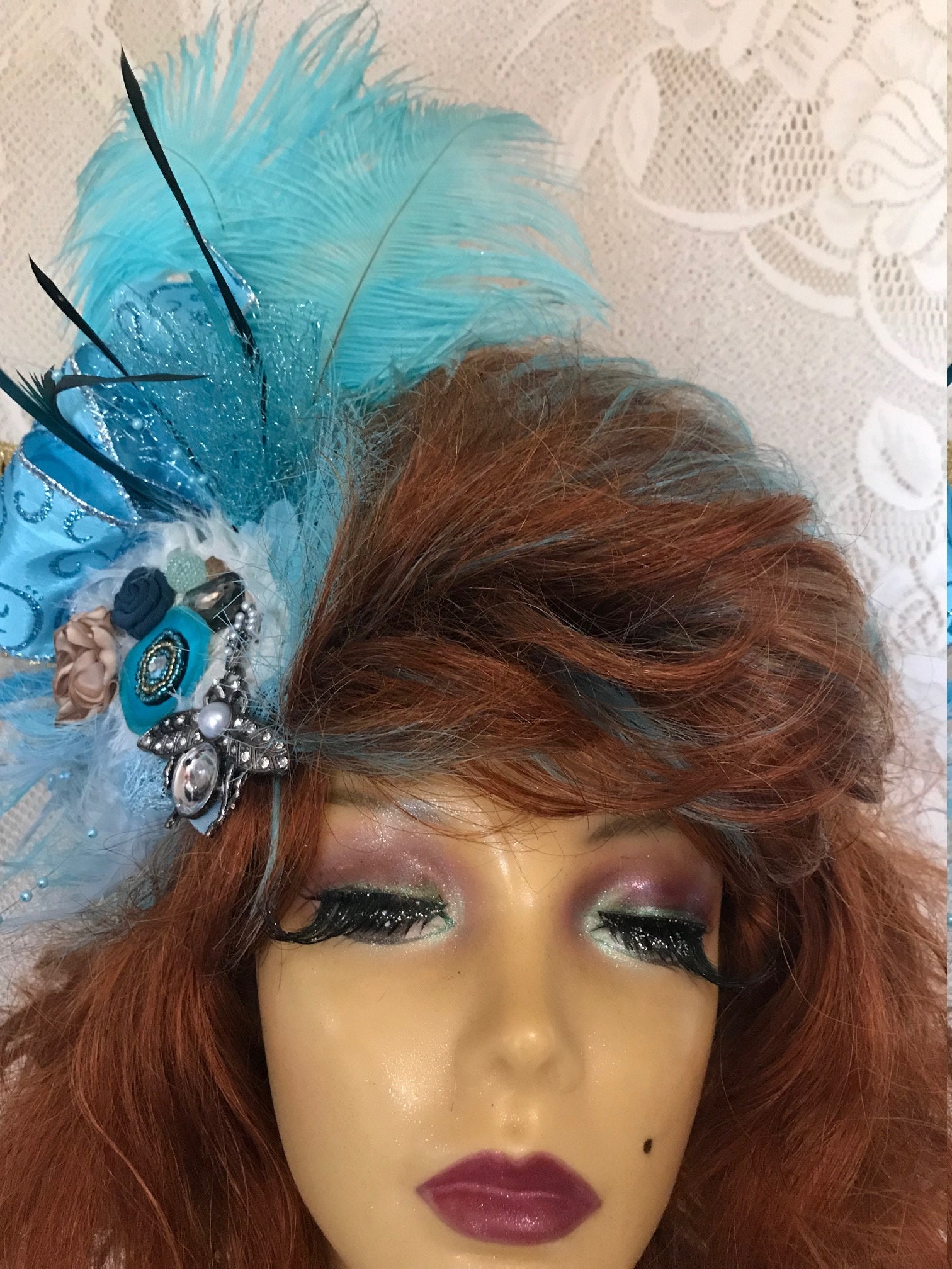 Brown and Teal Vintage Steampunk Costume Wig With Rhinestone | Etsy