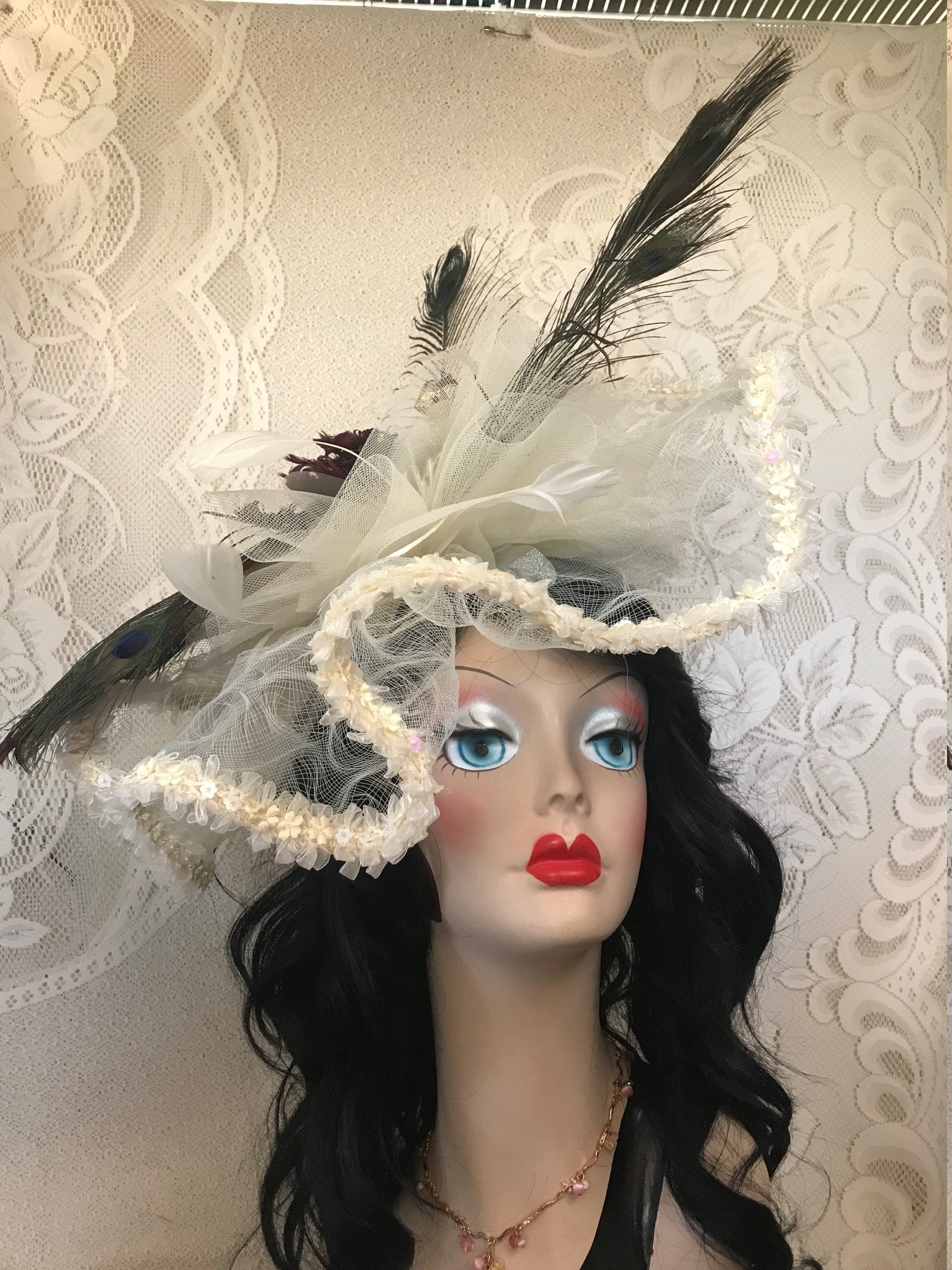 Cream, Crinoline Horse Race Fascinator Headband Hat With Burgundy ...