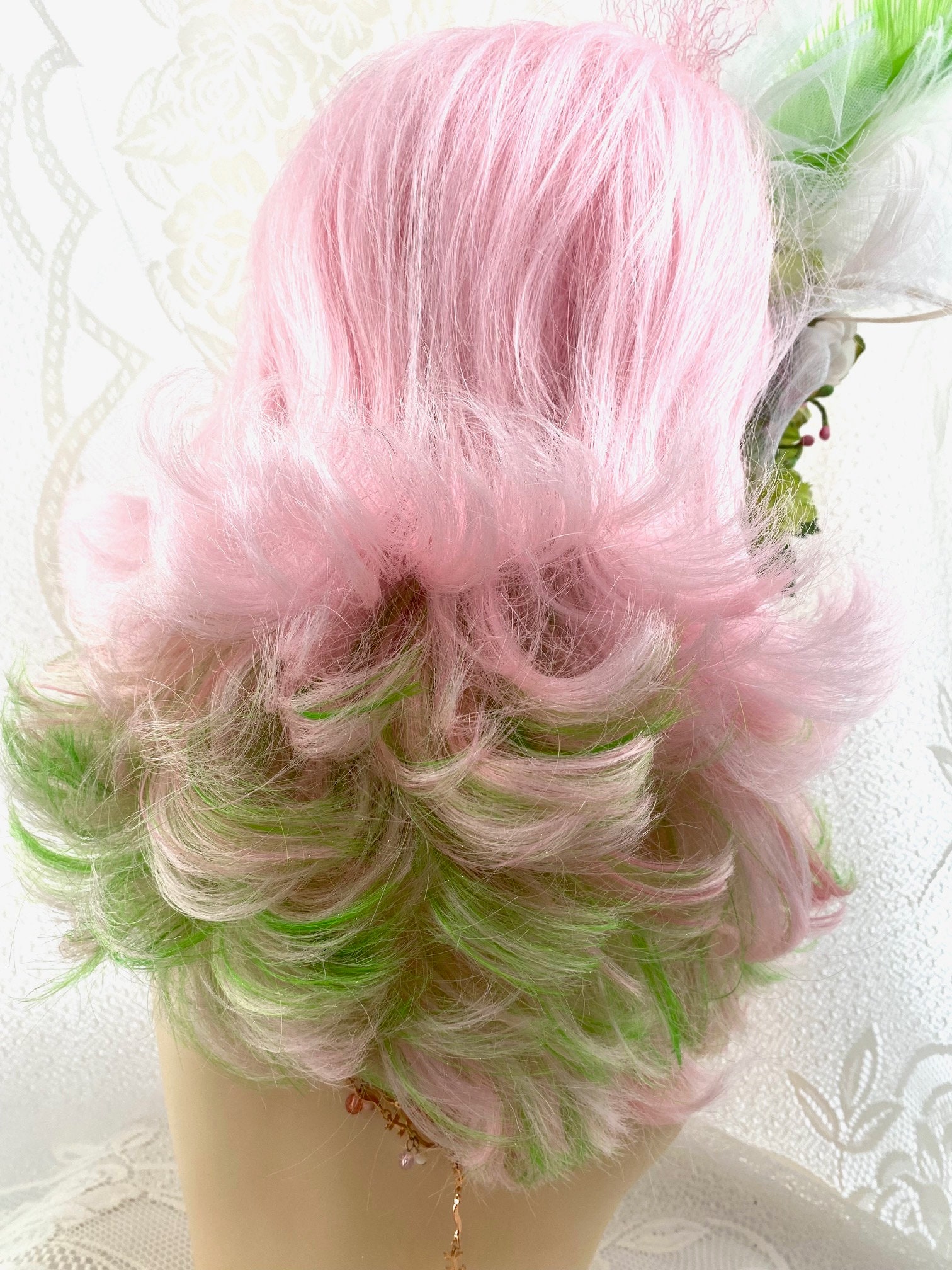 Pink and Green Show Fun Wig With Lighted, Bright Flower Fascinator ...
