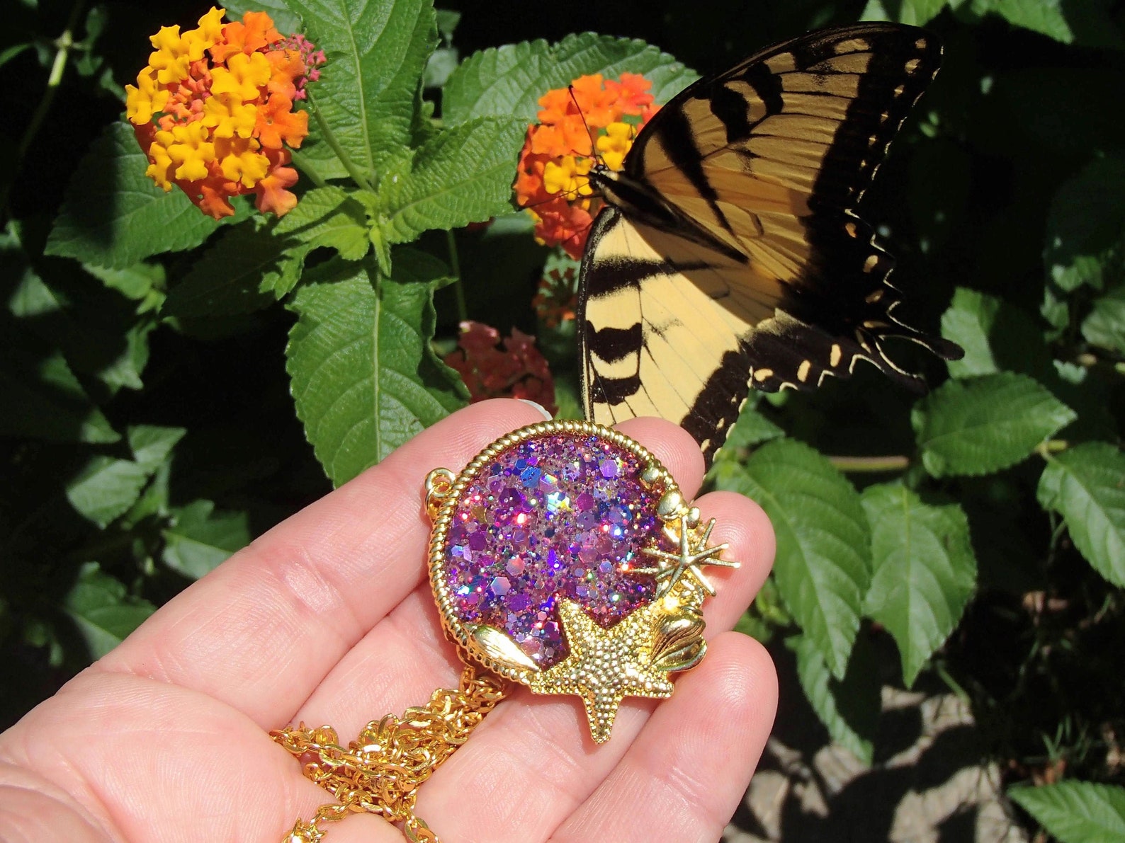 Ocean Glitter Sparkly Necklace. Starfish & Shells Design on | Etsy