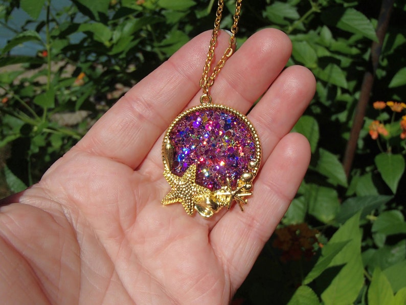 Ocean Glitter Sparkly Necklace. Starfish & Shells Design on | Etsy