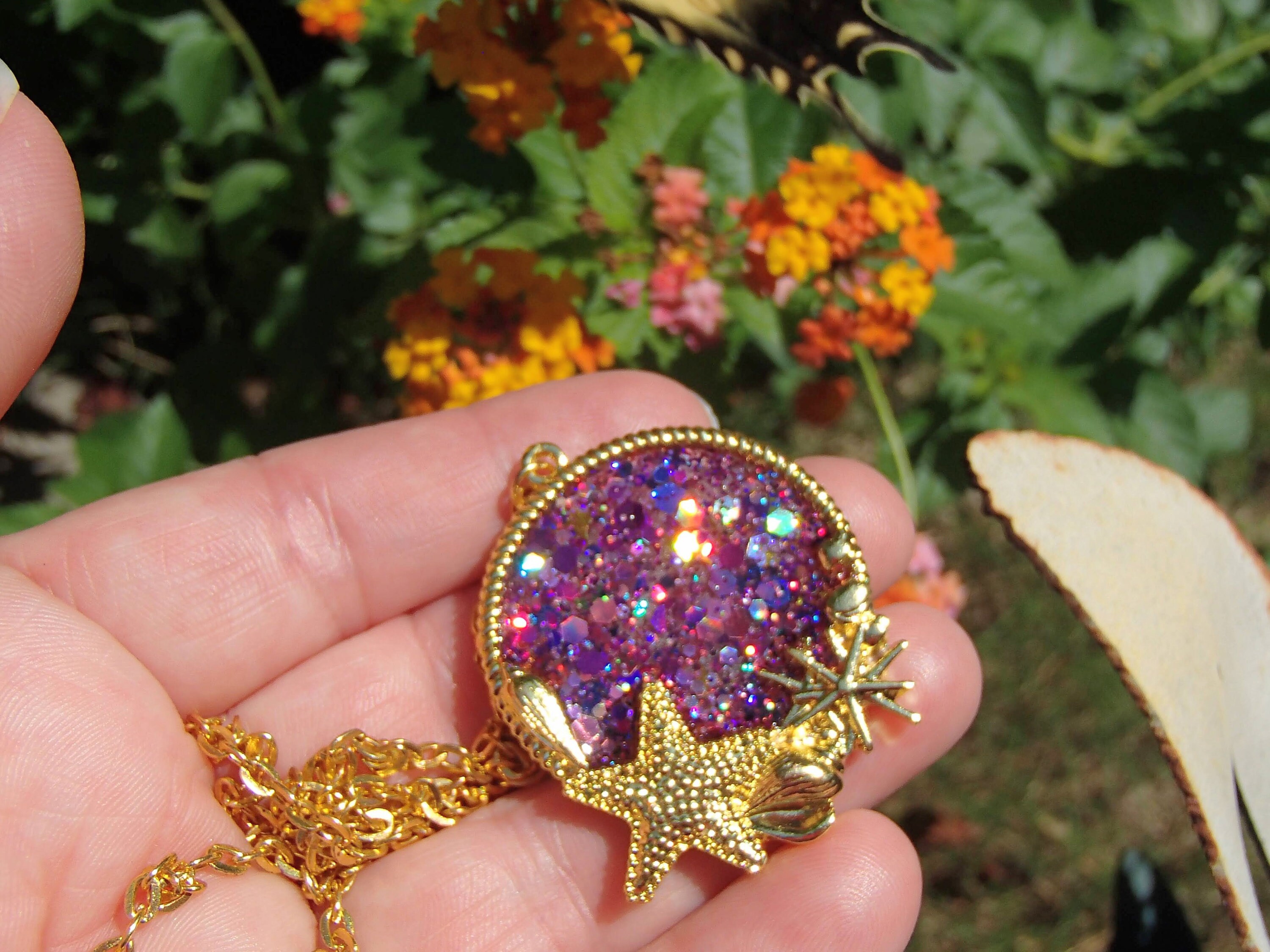 Ocean Glitter Sparkly Necklace. Starfish & Shells Design on | Etsy