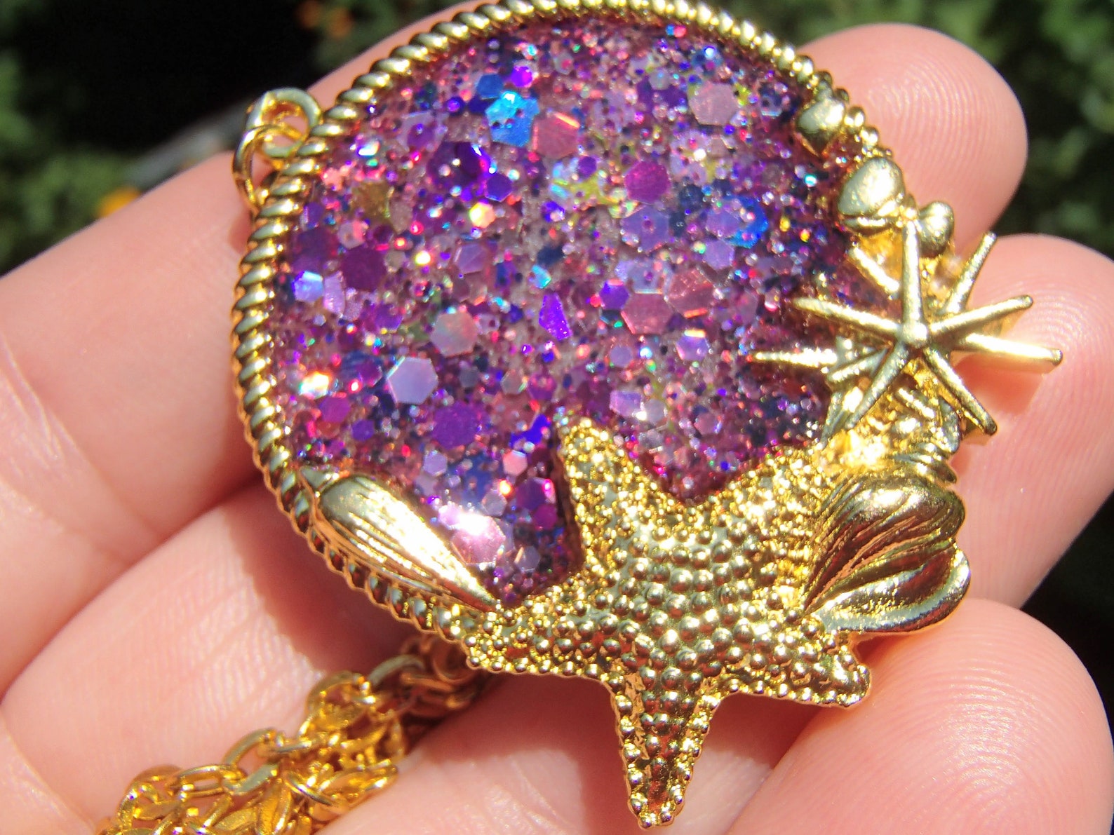 Ocean Glitter Sparkly Necklace. Starfish & Shells Design on | Etsy