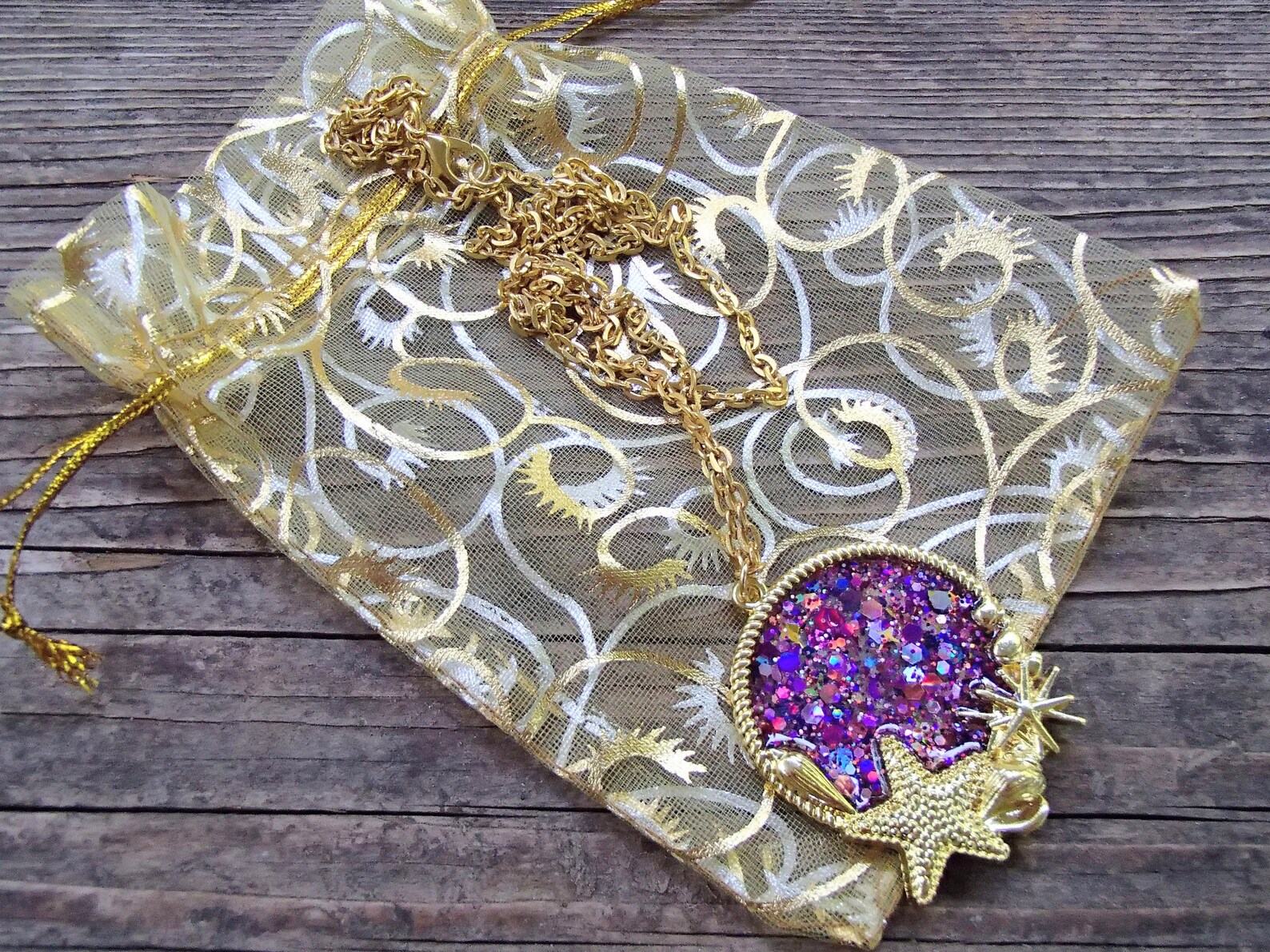 Ocean Glitter Sparkly Necklace. Starfish & Shells Design on | Etsy