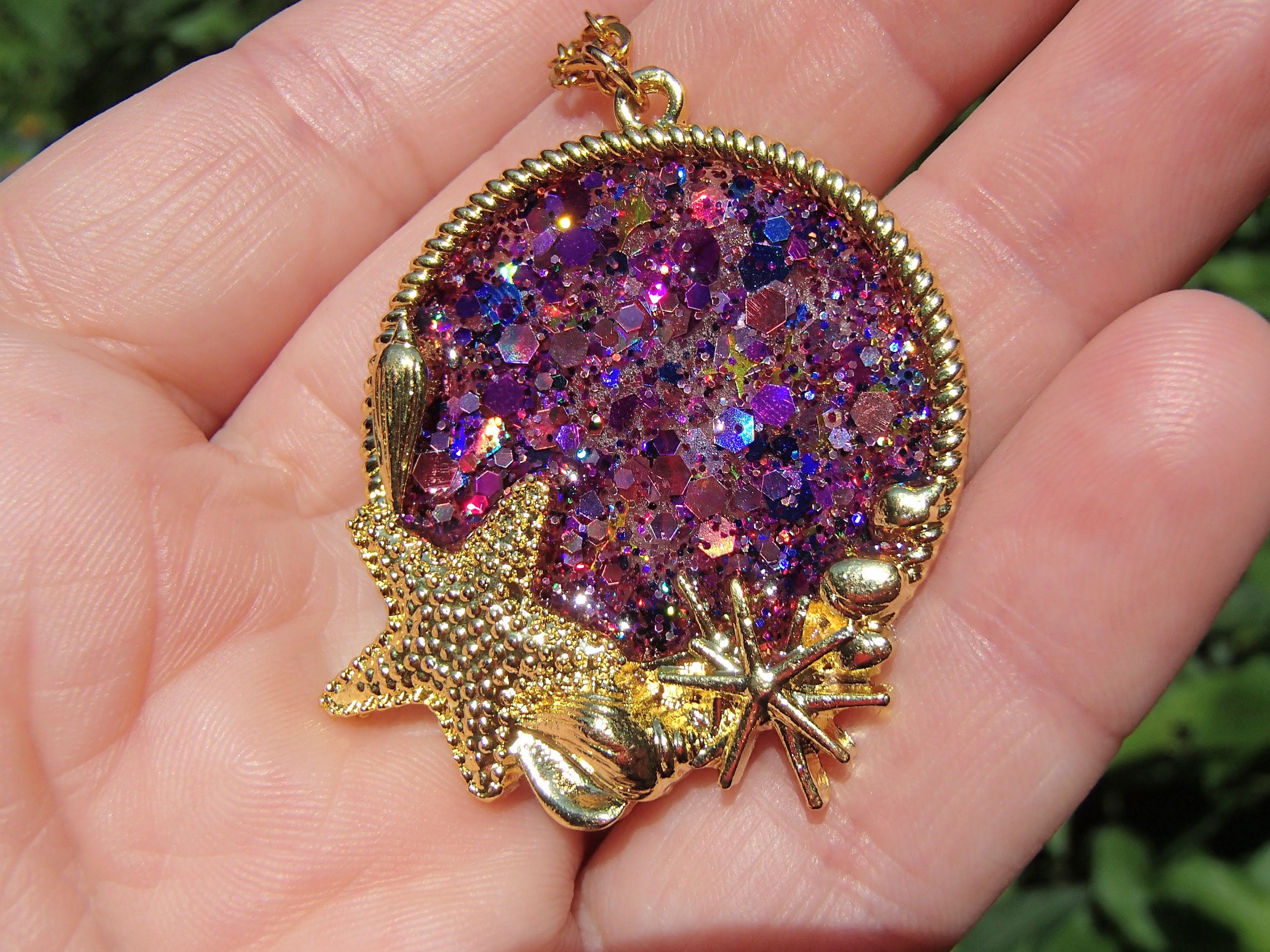 Ocean Glitter Sparkly Necklace. Starfish & Shells Design on | Etsy