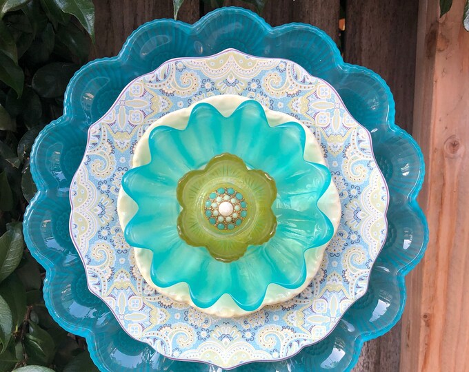 Glass Garden Art, Glass Flower, Plate Flower, Vintage Glass, Garden ...