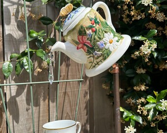 Glass Garden Art, Tea Pot and Tea Cup, Garden Decor, Vintage Glass ...