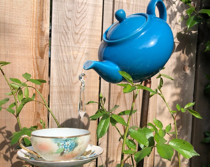 Glass Garden Art, Tea Pot and Tea Cup, Garden Decor, Vintage Glass ...