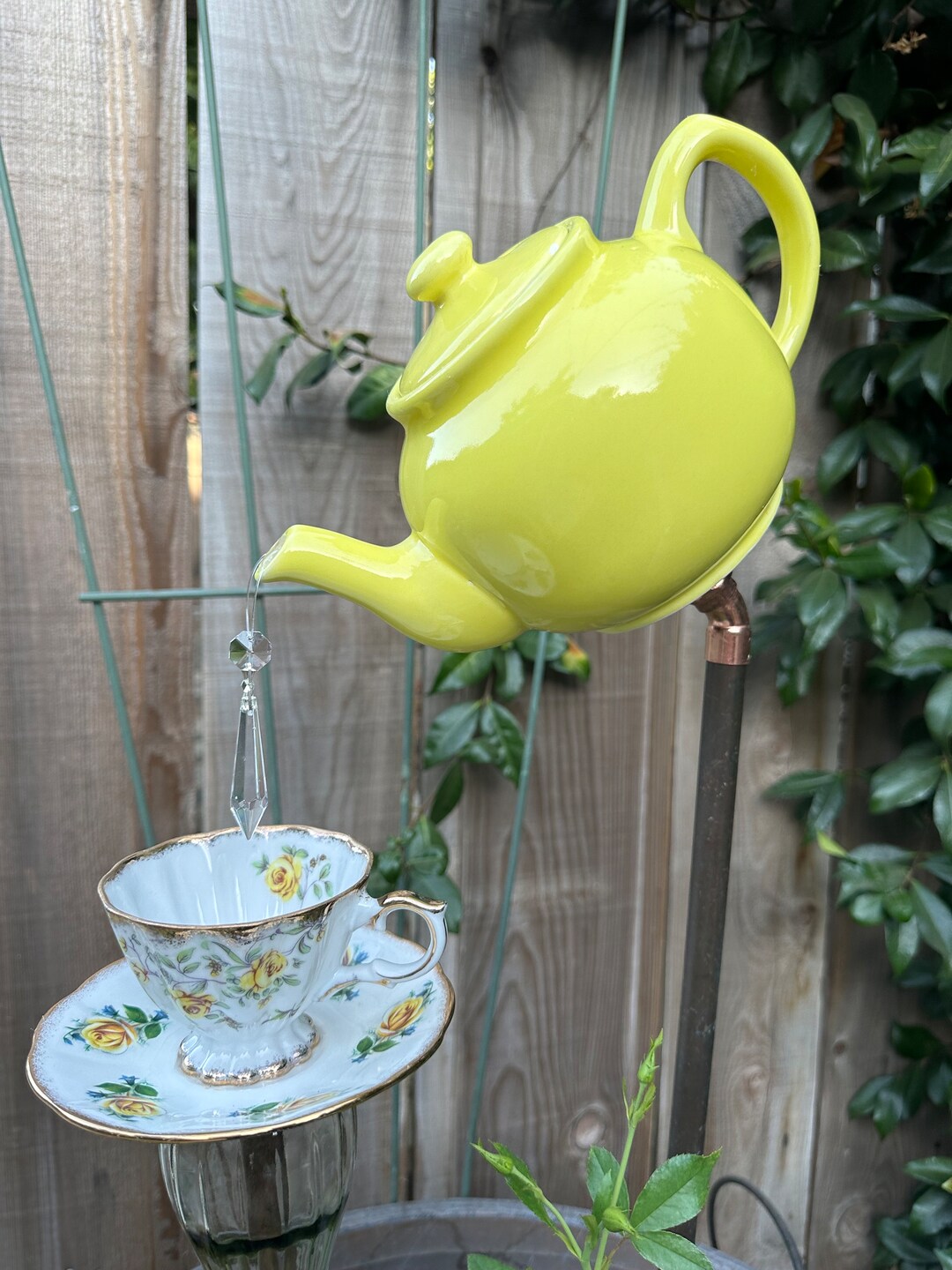 Glass Garden Art, Tea Pot and Tea Cup, Garden Decor, Vintage Glass ...