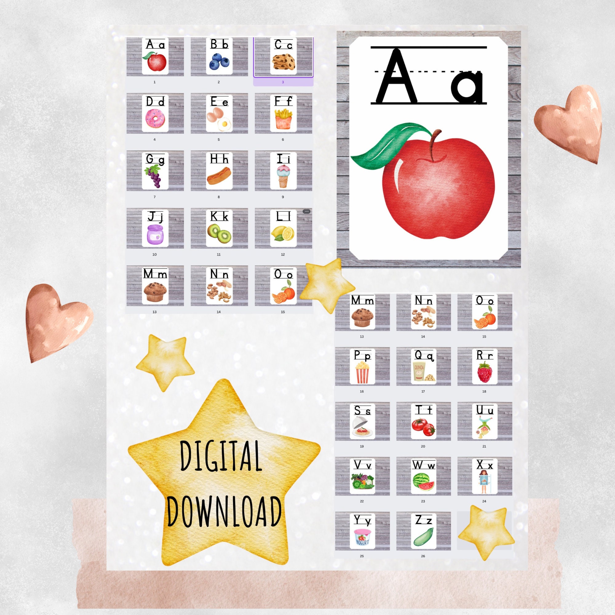 Fun Food Rustic Watercolor Printable Alphabet Posters - Etsy