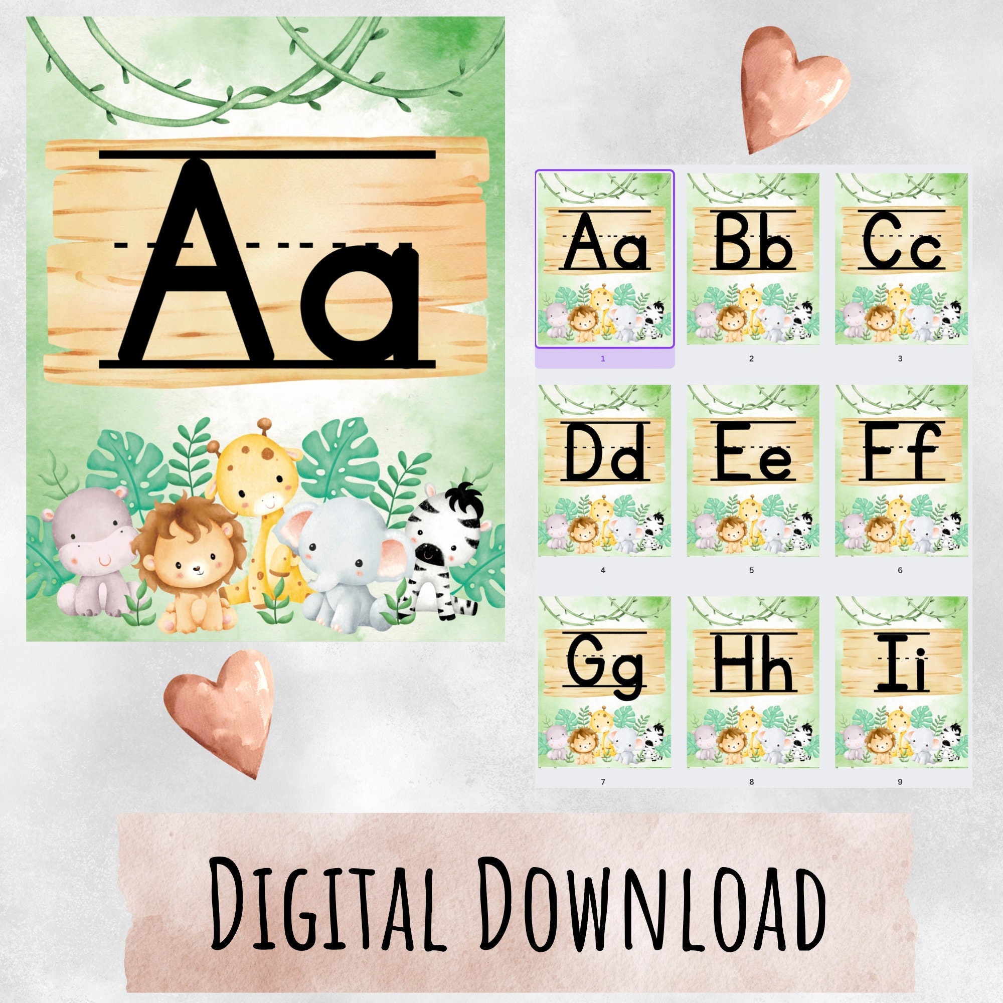 Jungle Animals Watercolor Alphabet Printable Posters - Etsy