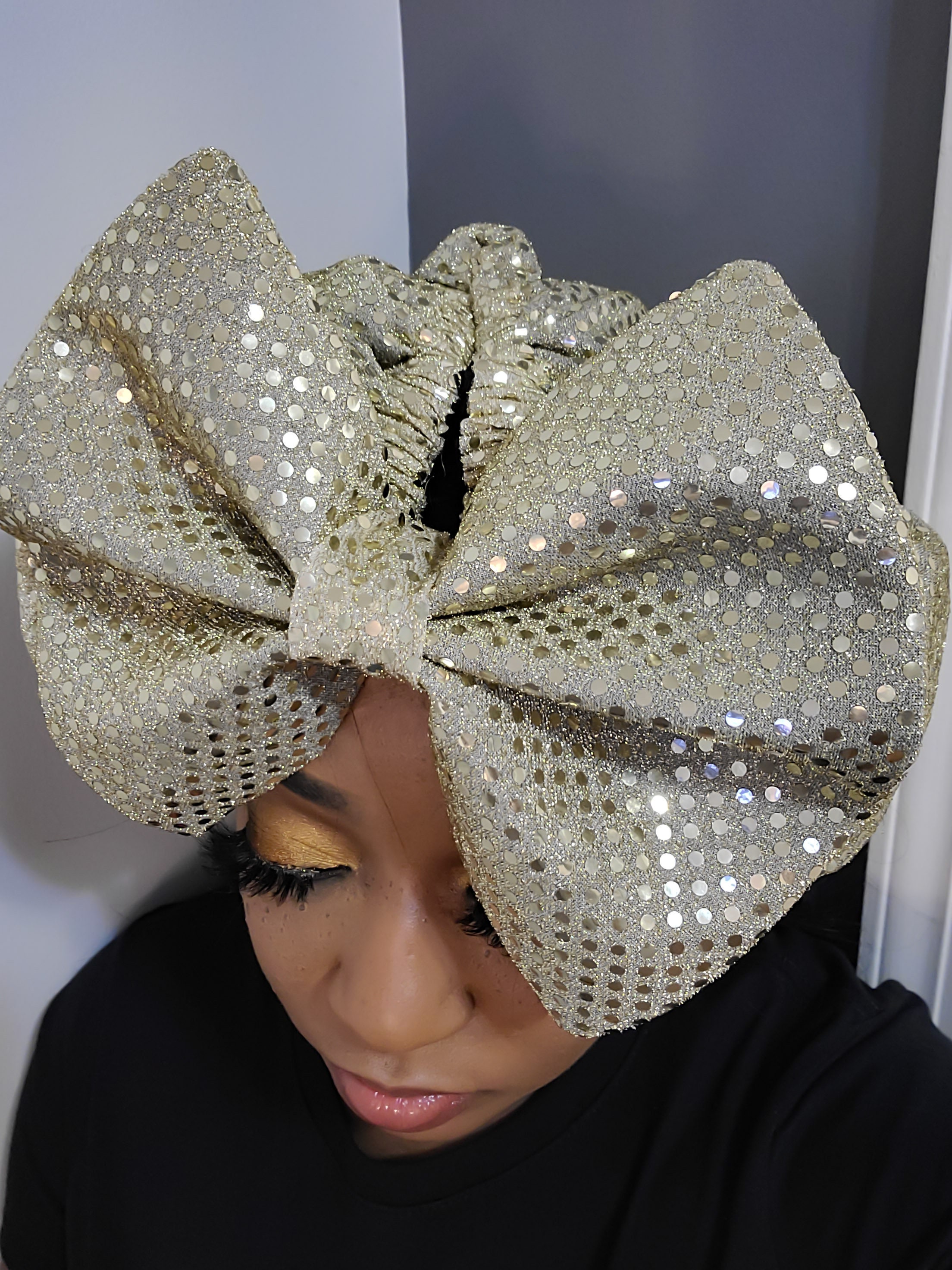 The pagri Sequin Bow Head Turban in Gold Muslim - Etsy