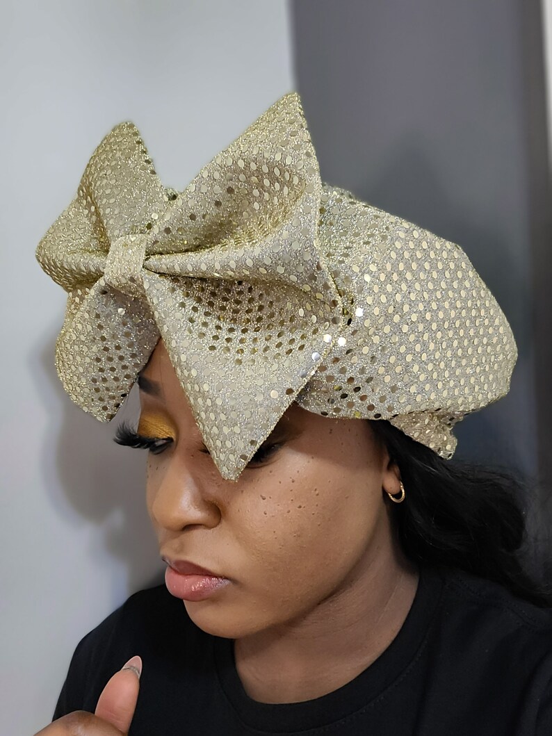 The pagri Sequin Bow Head Turban in Gold Muslim - Etsy