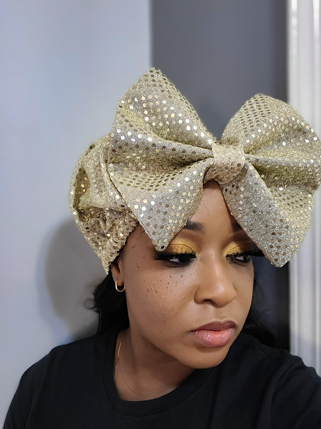 The pagri Sequin Bow Head Turban in Gold Muslim - Etsy