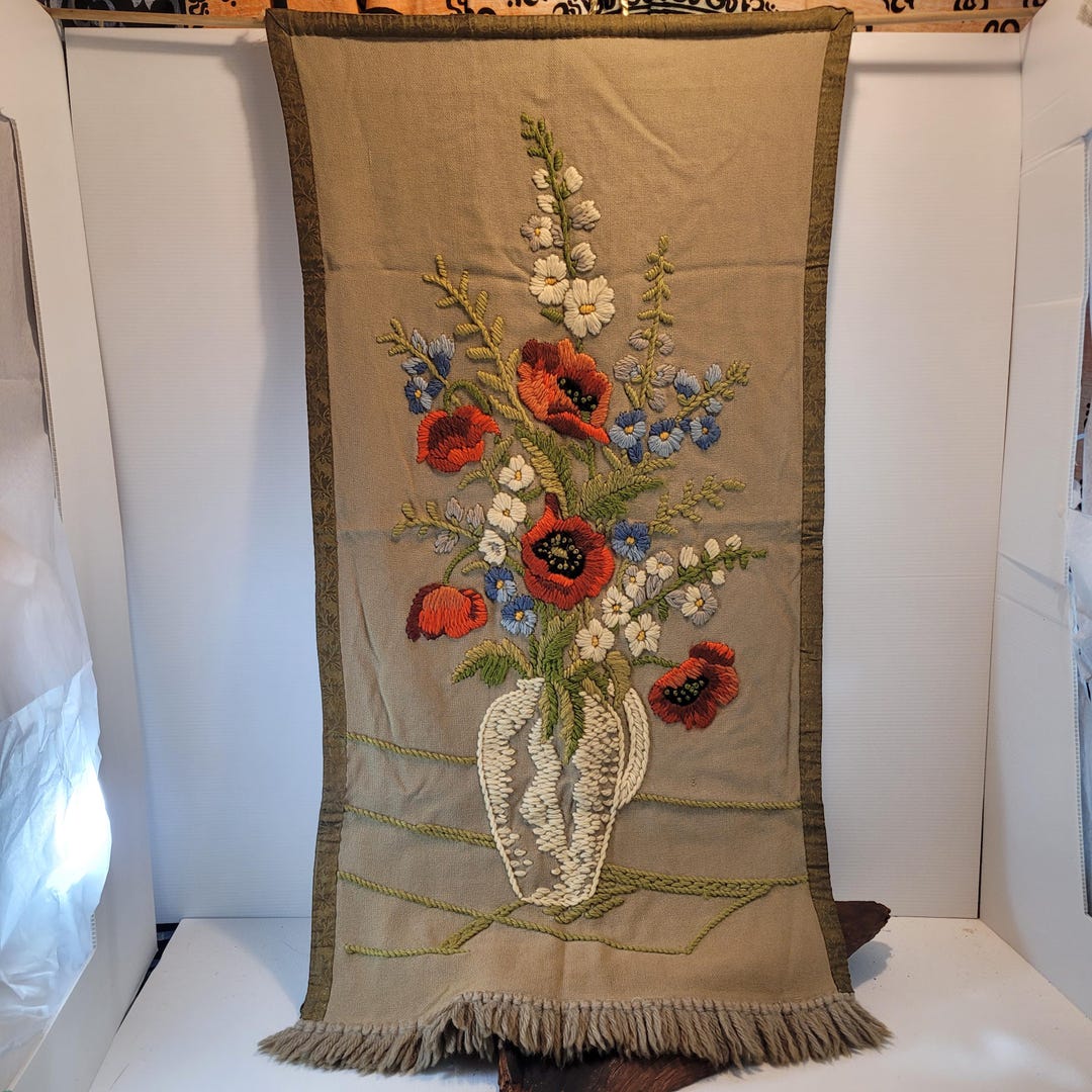 Vintage Crewel Wall Poppy Floral Tapestry With Fringe Bottom - Etsy