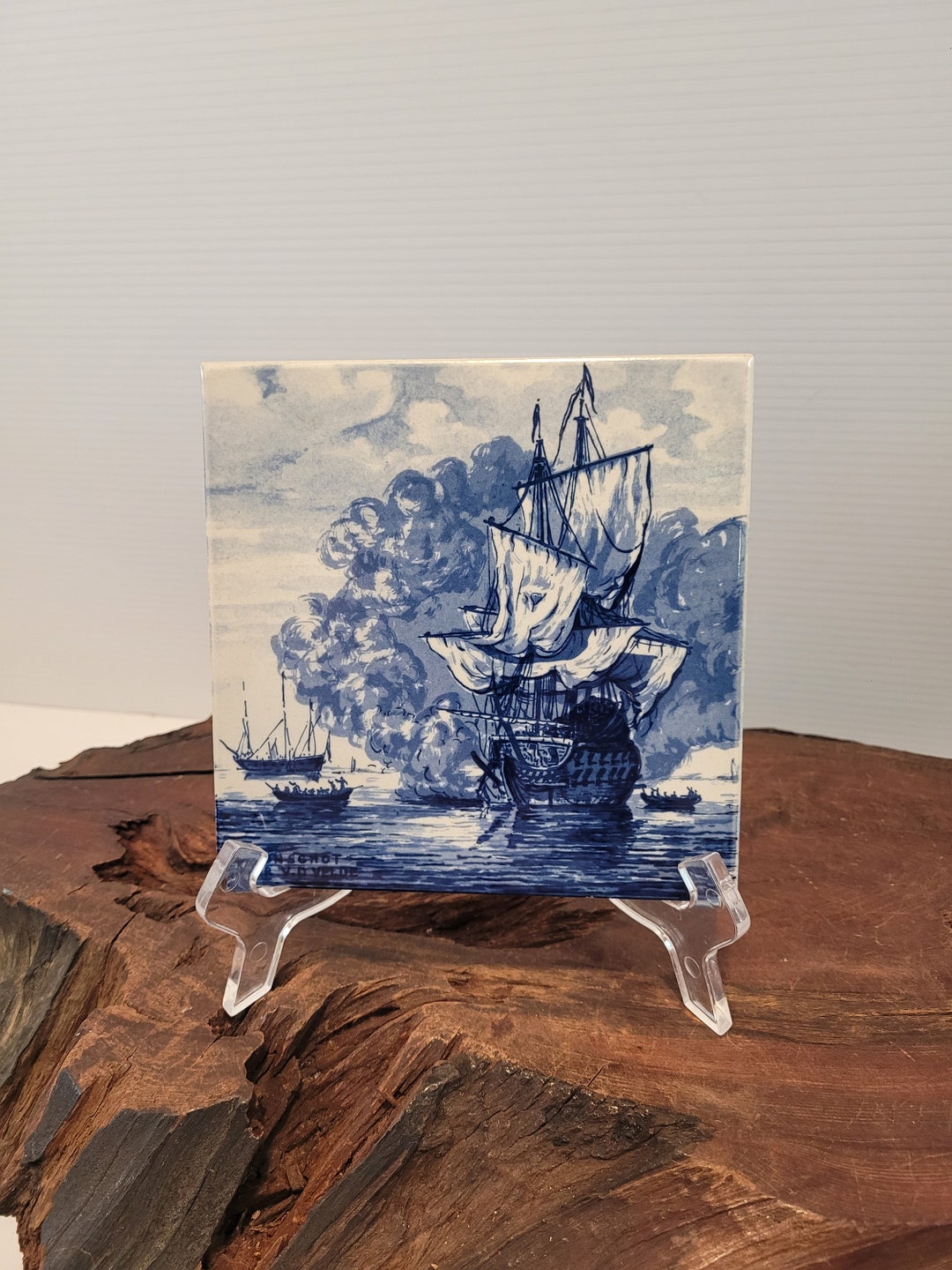 Delft Tall Ship Sinking Blue and White Trivet Tile , Blue White ...