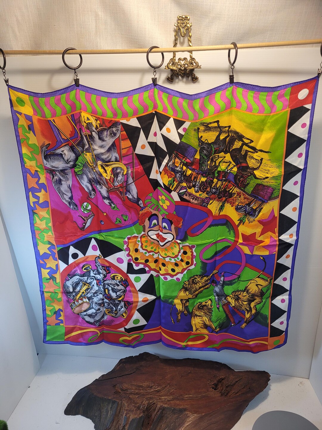 Stunning Circus Scarf, Vintage Silk Statement Scarf With Clown and ...