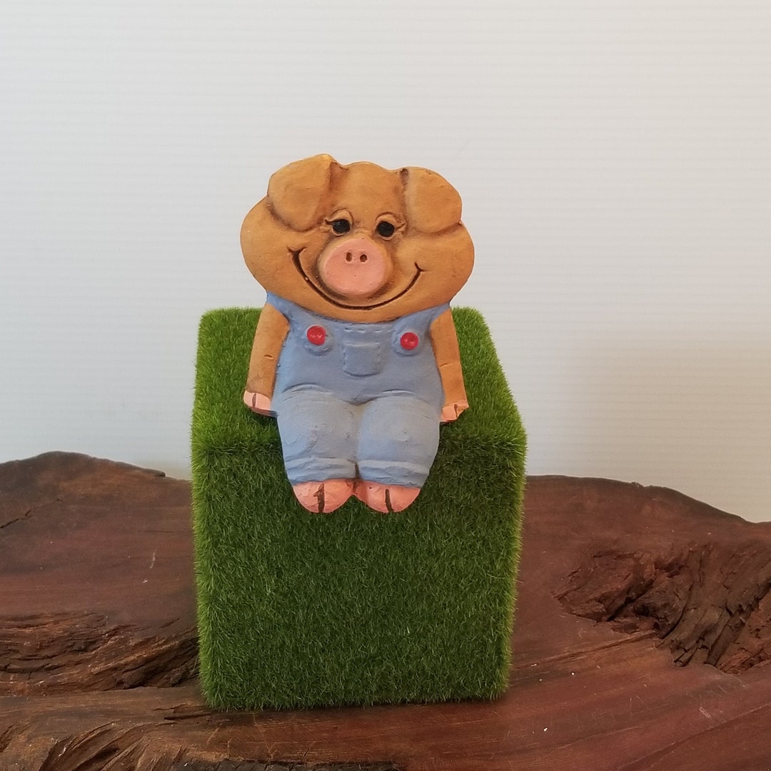 Happy Pig Shelf Sitter adorable Overall Wearing Clay Pig - Etsy
